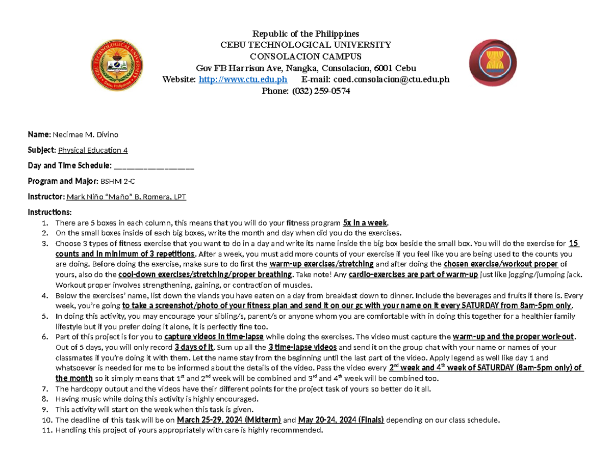 PE4 MY Fitness PLAN Project 1 - Republic of the Philippines CEBU ...