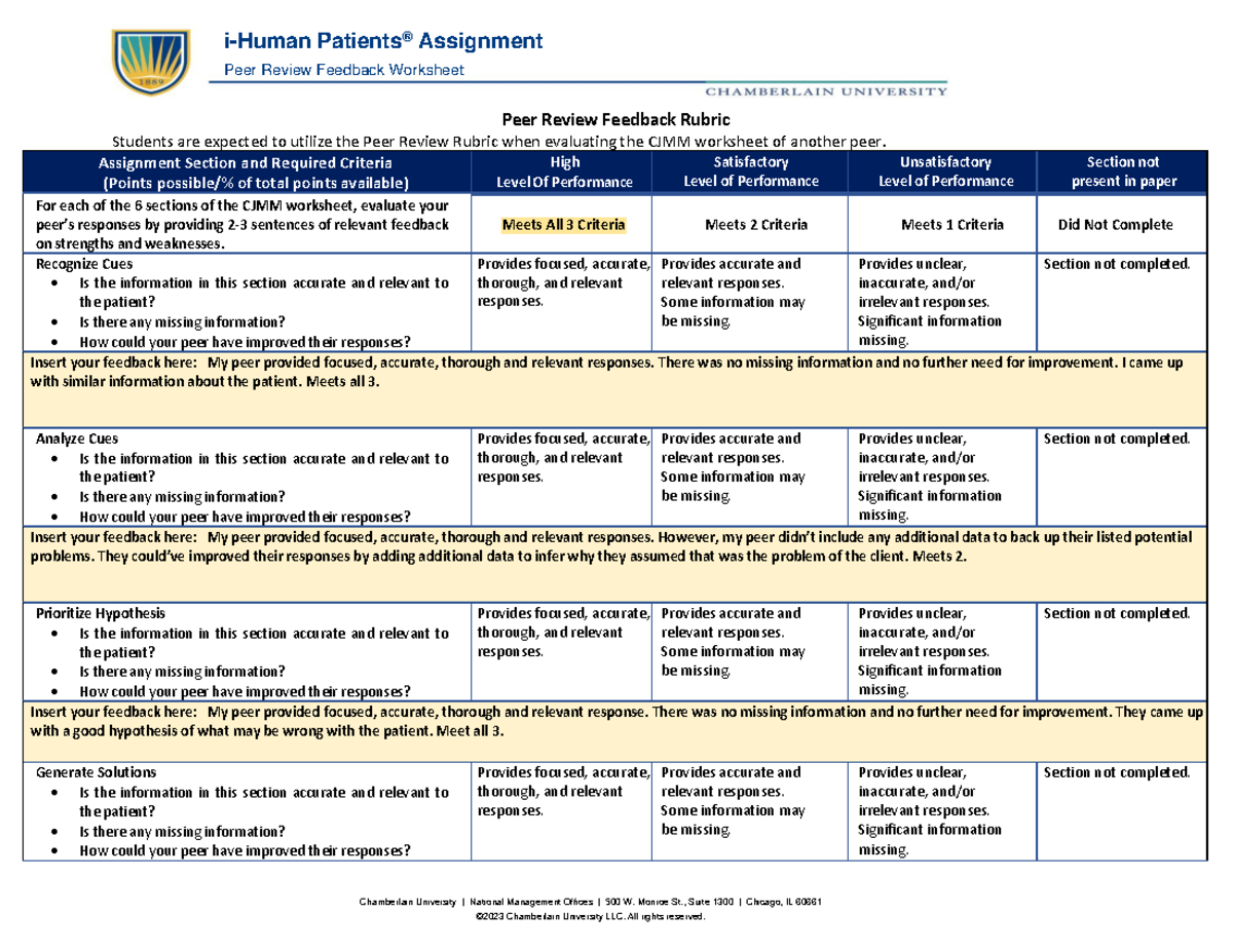Peer Review Feedback Worksheet (NK)-1 - i-Human Patients® Assignment ...