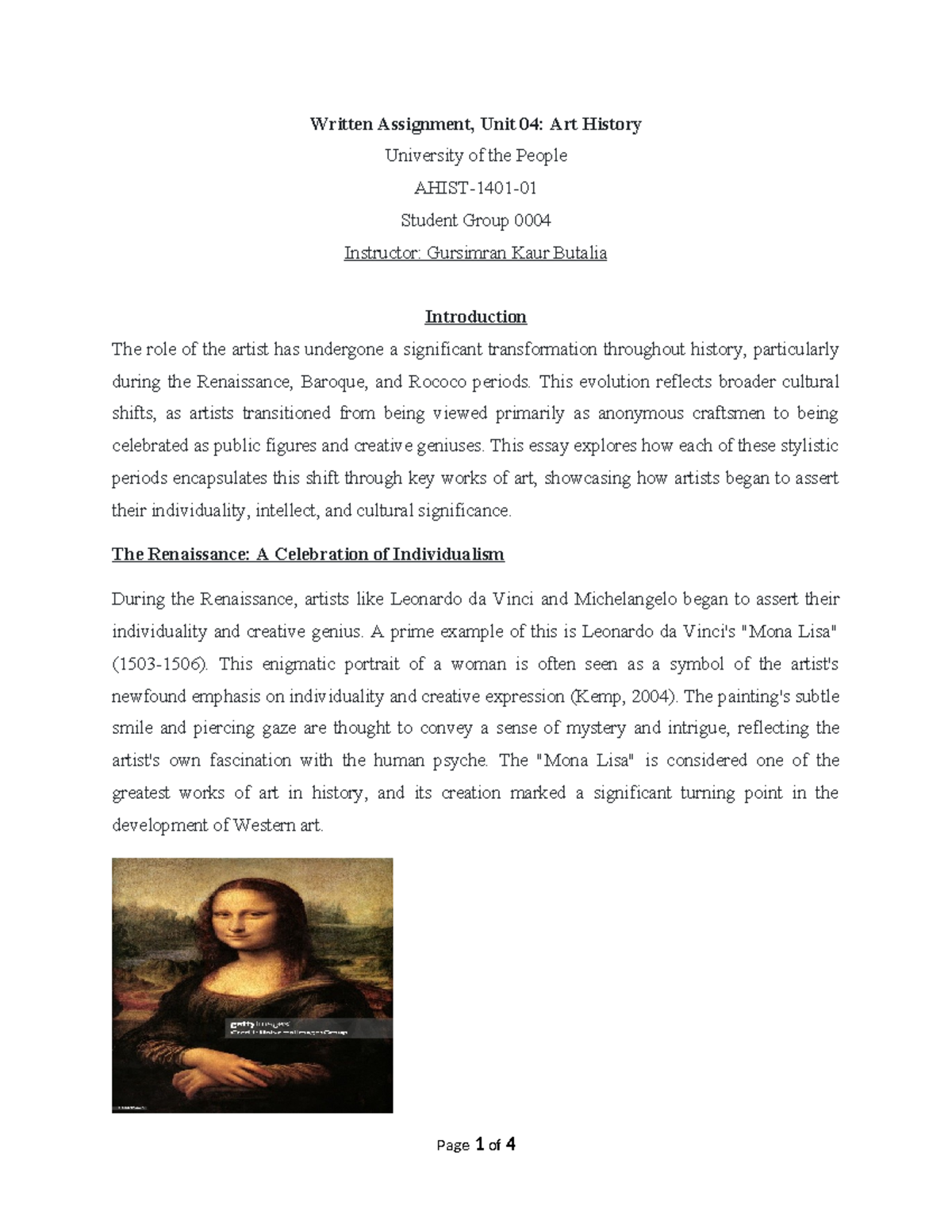 Assignment -04 - Written Assignment, Unit 04: Art History University of ...