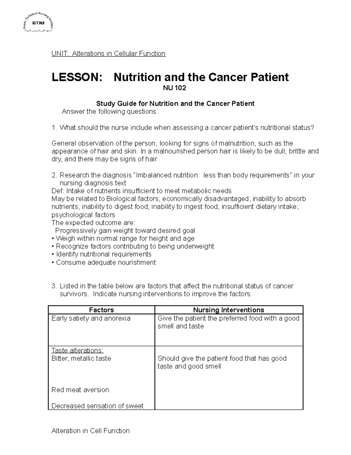 Nutrition worksheet student - 2021-1 - UNIT: Alterations in Cellular ...