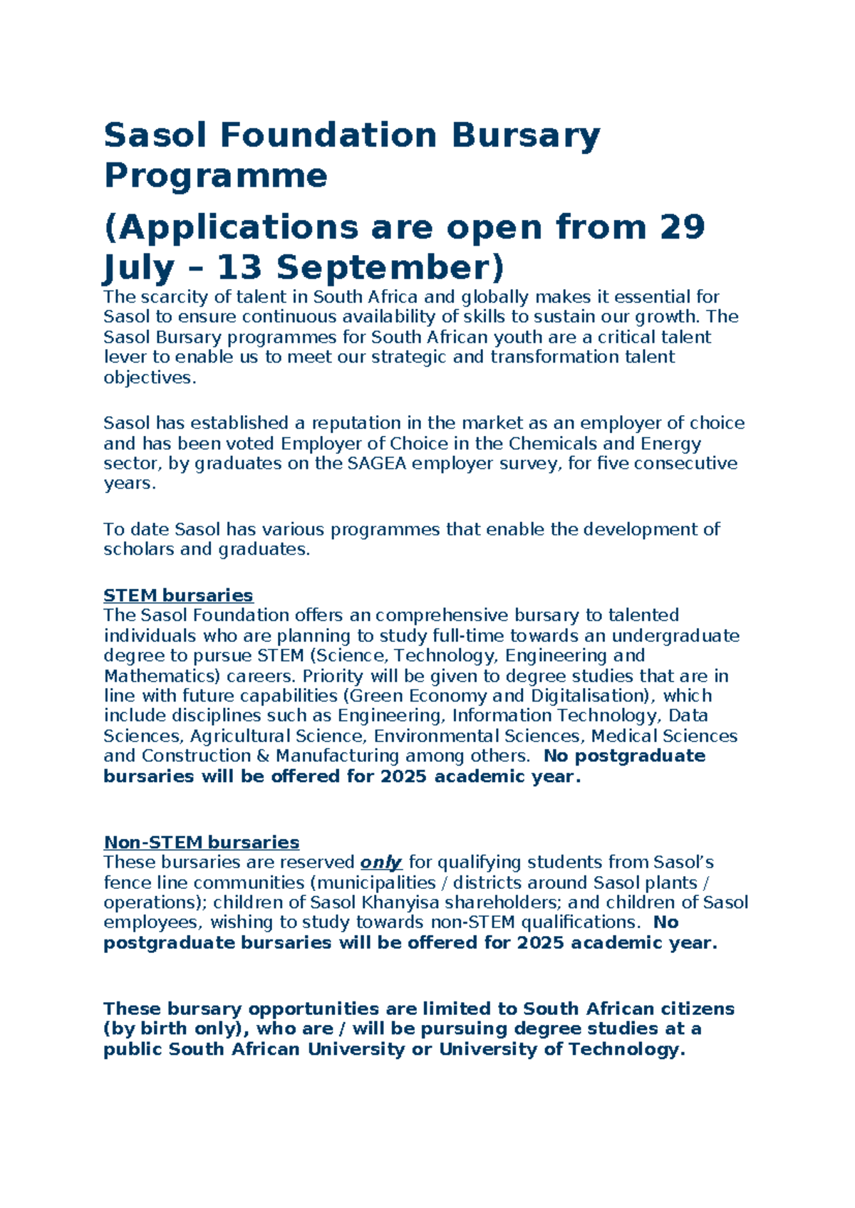 Sasol Bursary 2025 - Sasol Foundation Bursary Programme (Applications ...