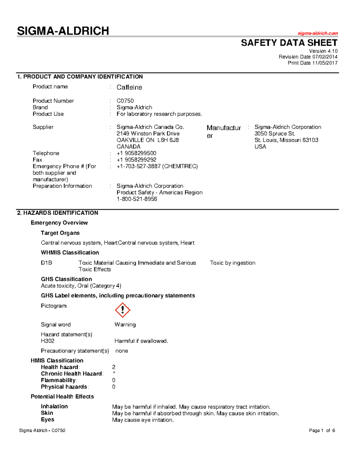 SDS caffeine (Aldrich) 2017 - SIGMA-ALDRICH sigma-aldrich SAFETY DATA SHEET Version 4. Revision ...