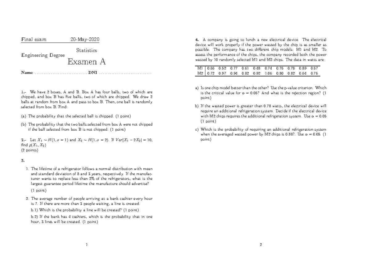 Exam Final May 2020 a questions - Final exam 20-May- Statistics ...