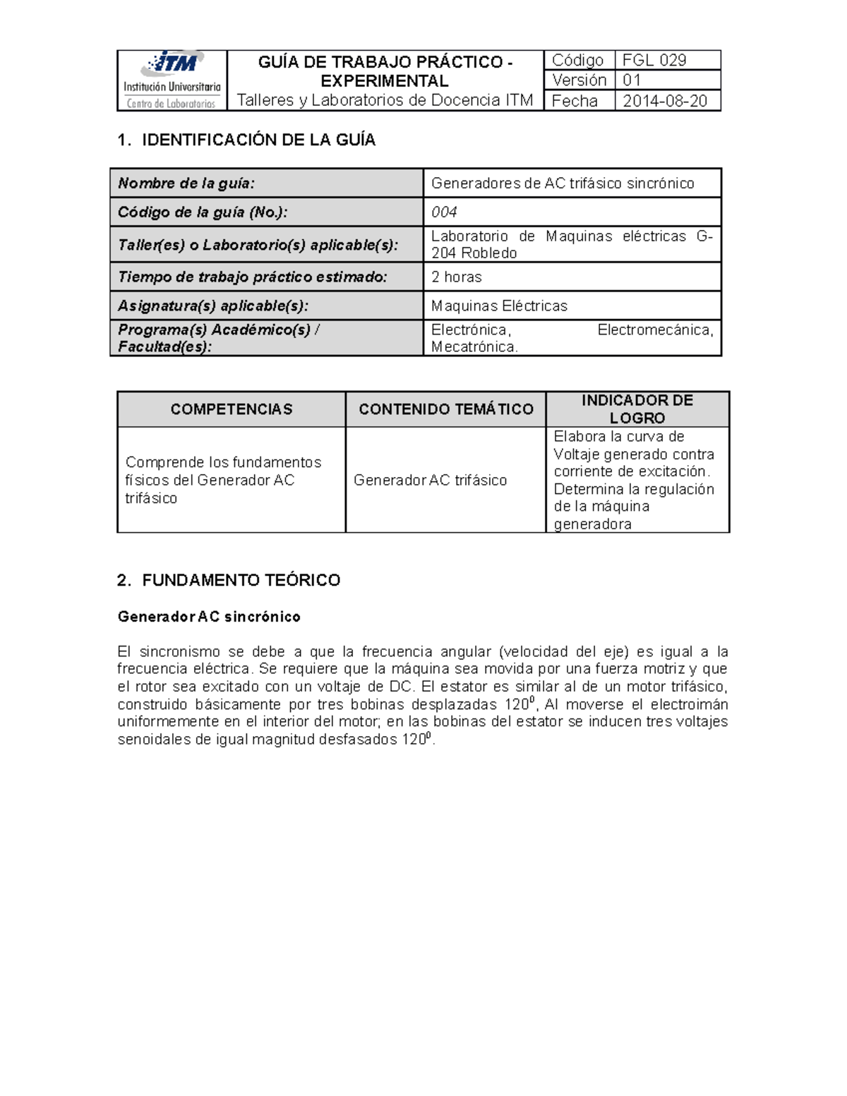 FGL 029 Guia 4 Generadores AC Sincrrónico - GUÍA DE TRABAJO PRÁCTICO - EXPERIMENTAL Talleres y ...