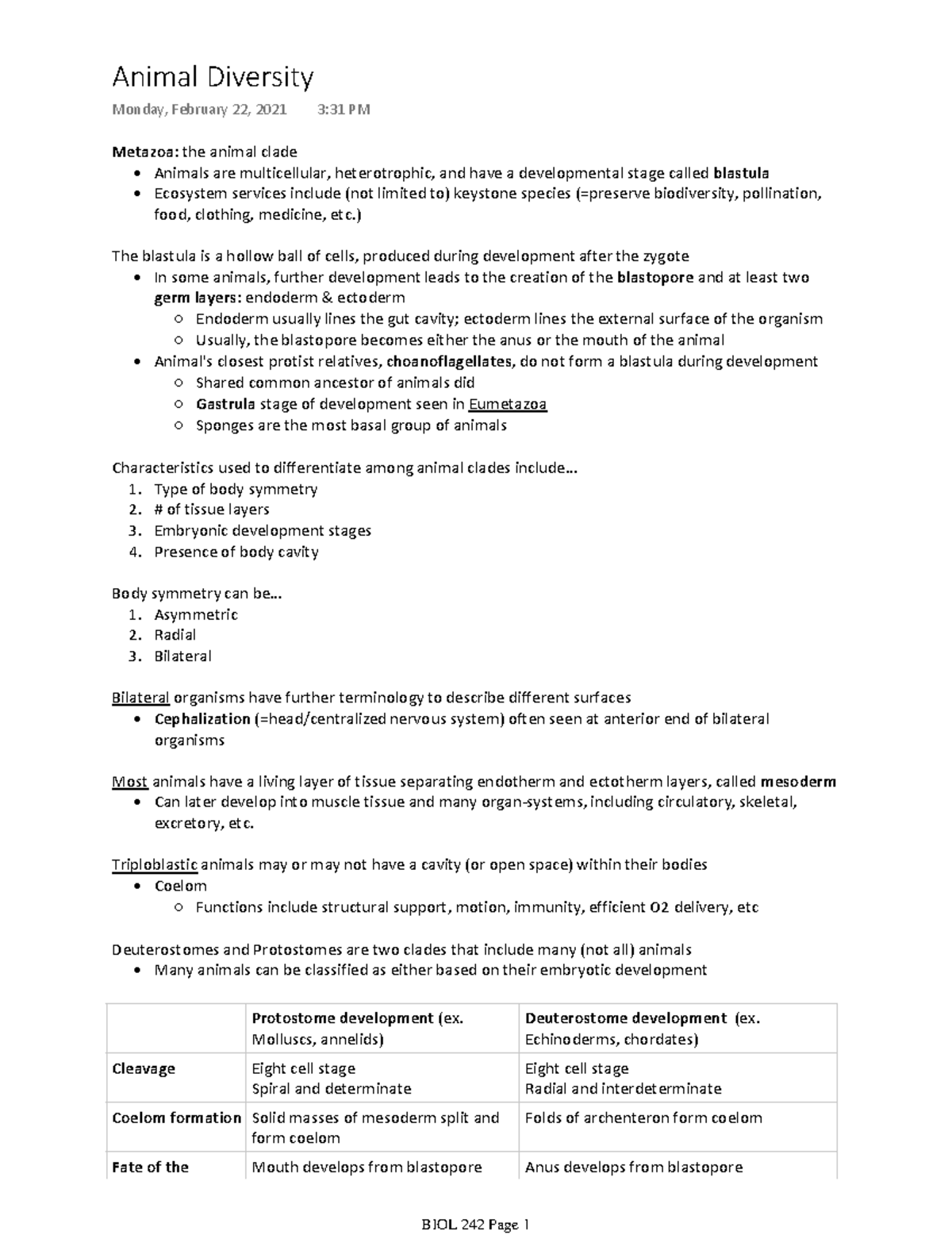 BIOL 242 Diversity of Life Animal Diversity Lecture - Animals are ...