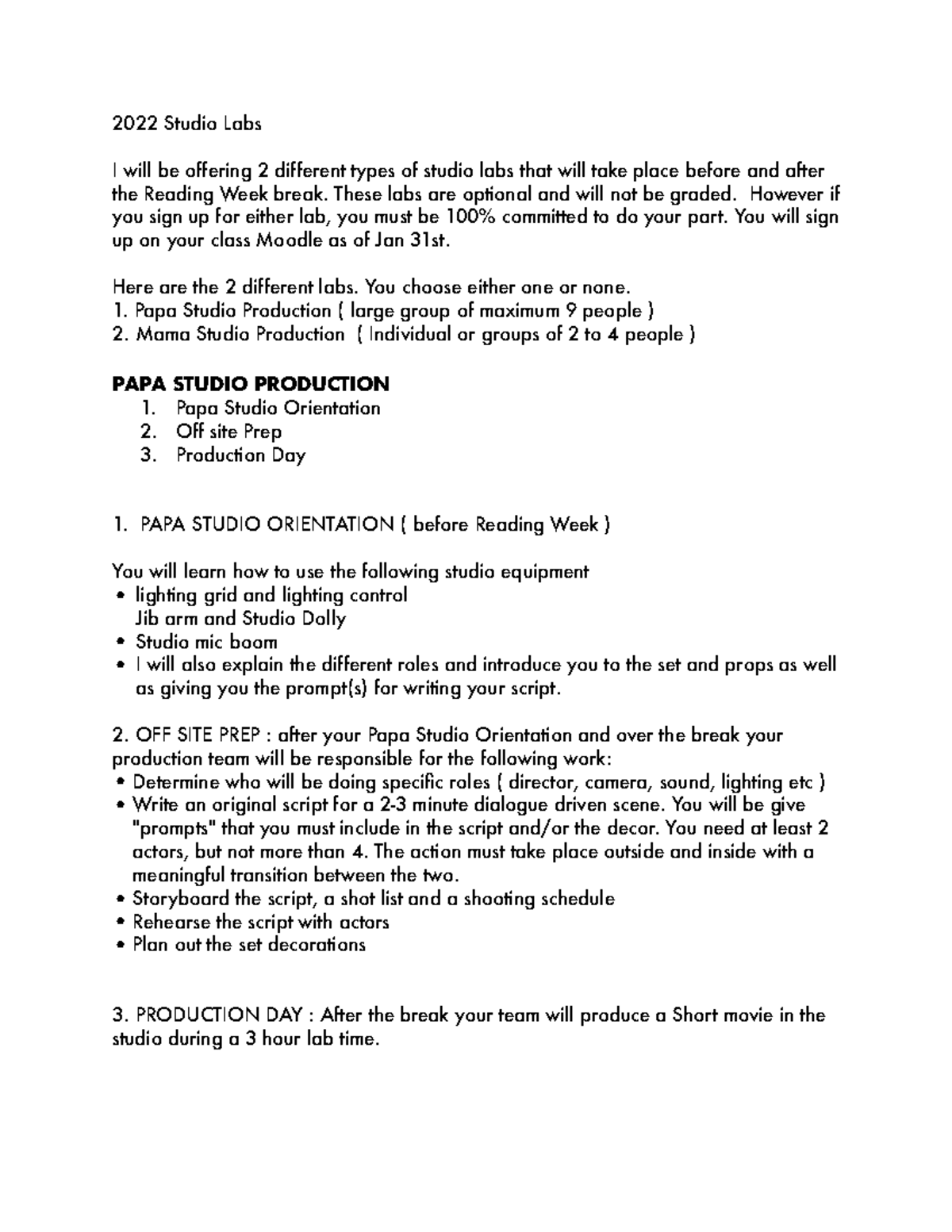 2022 Studio Project Proposal - 2022 Studio Labs I will be offering 2 different types of studio ...