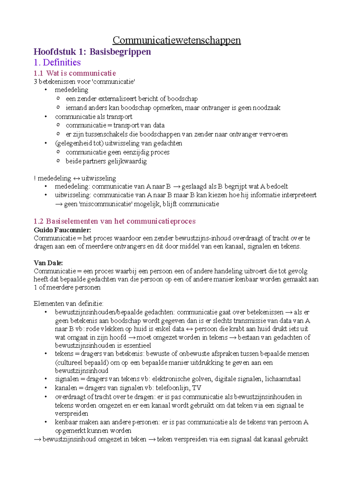Samenvatting - Vanbuiten leren en 17/20 gehaald - Communicatiewetenschappen Hoofdstuk 1: - Studocu
