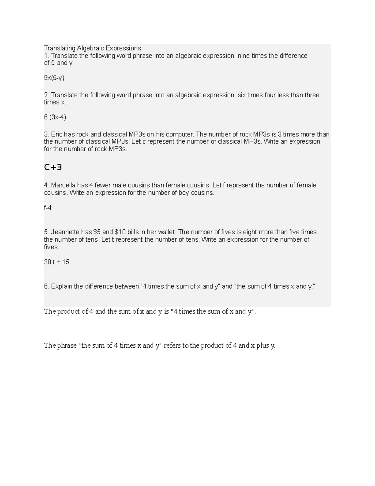 Translating Algebraic Expressions - Translate the following word phrase ...