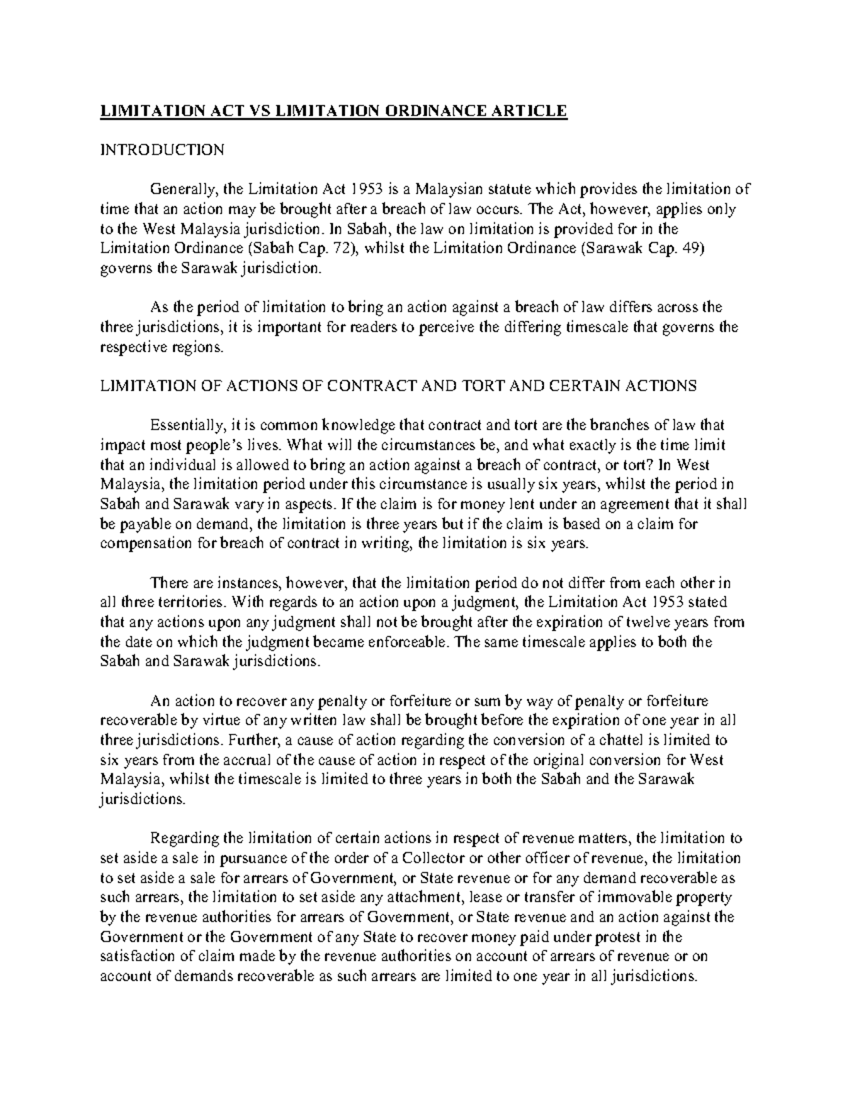 ACC Limitation Ordinance V Limitation Act Jess2 LIMITATION ACT VS