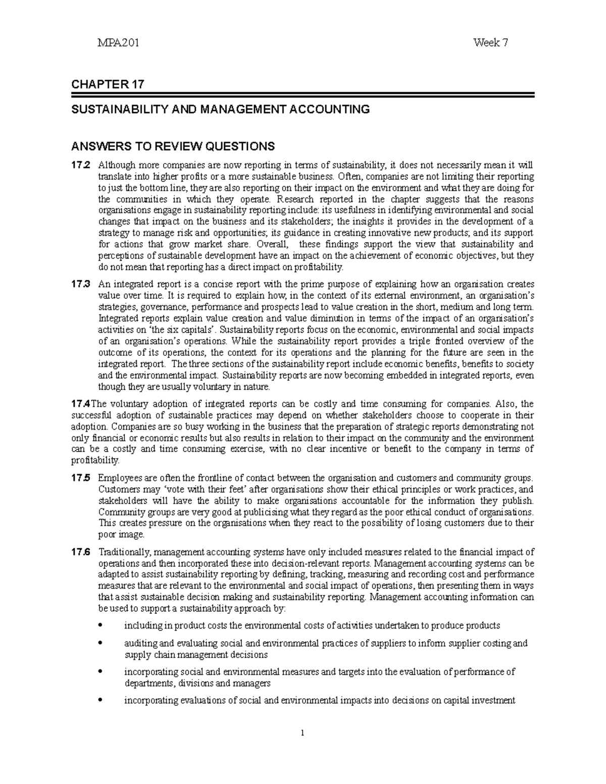 MPA201 Tute Sol W7 Ch17 - CHAPTER 17 SUSTAINABILITY AND MANAGEMENT ACCOUNTING ANSWERS TO REVIEW ...