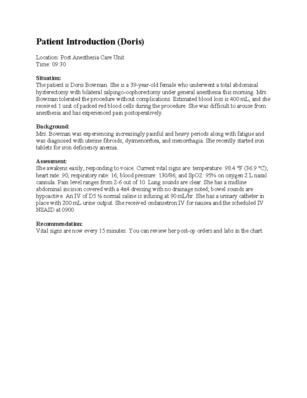 Patient Introduction - Summary Holistic Health Assessment - Patient Introduction (Doris ...