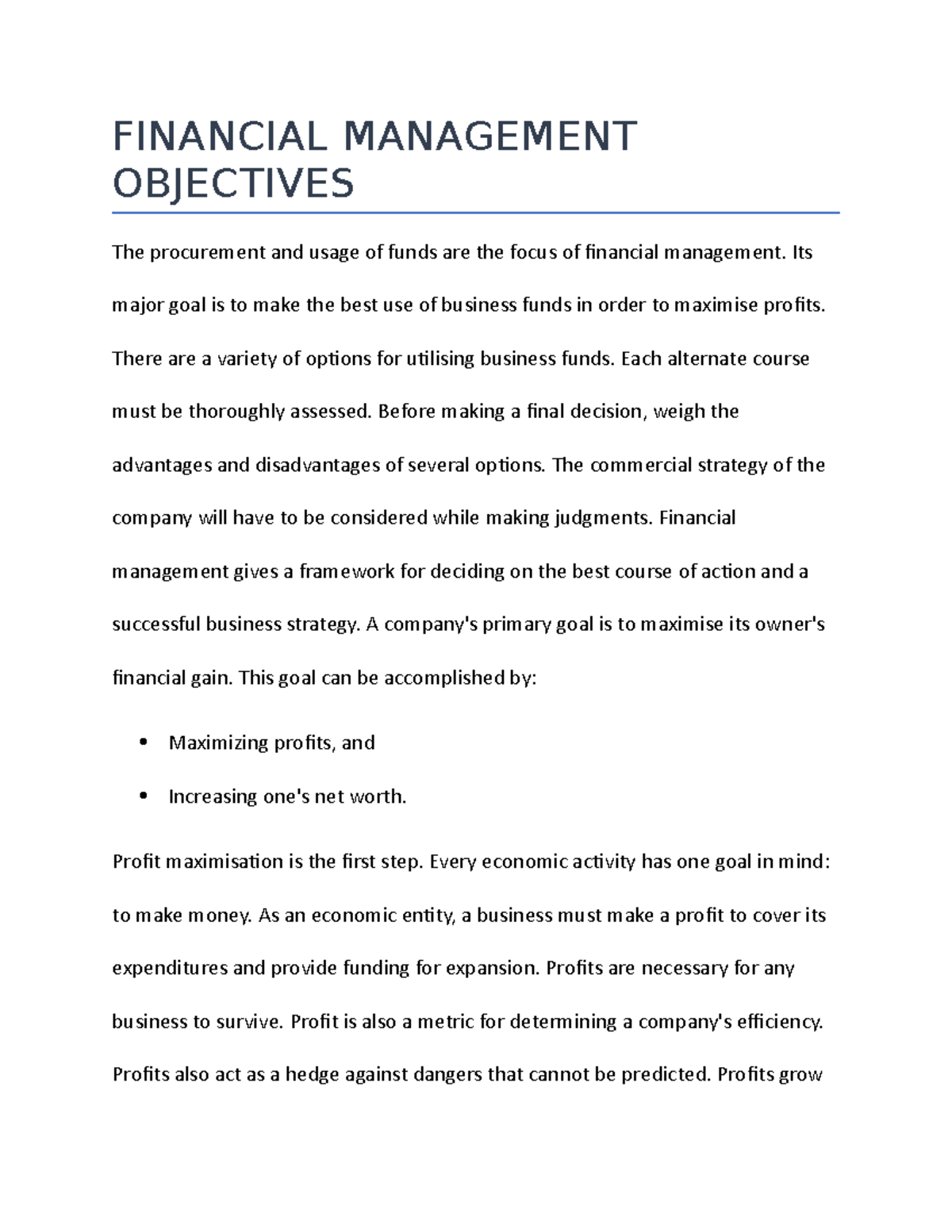 Financial Management Objectives - FINANCIAL MANAGEMENT OBJECTIVES The ...