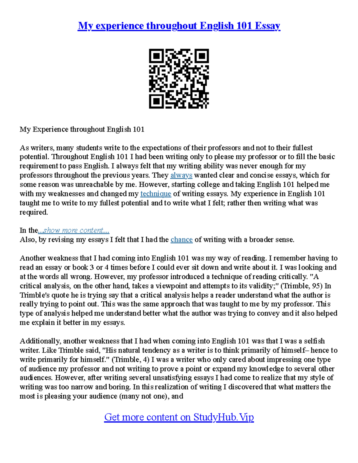 Essay Writings In English - My experience throughout English 101 Essay ...