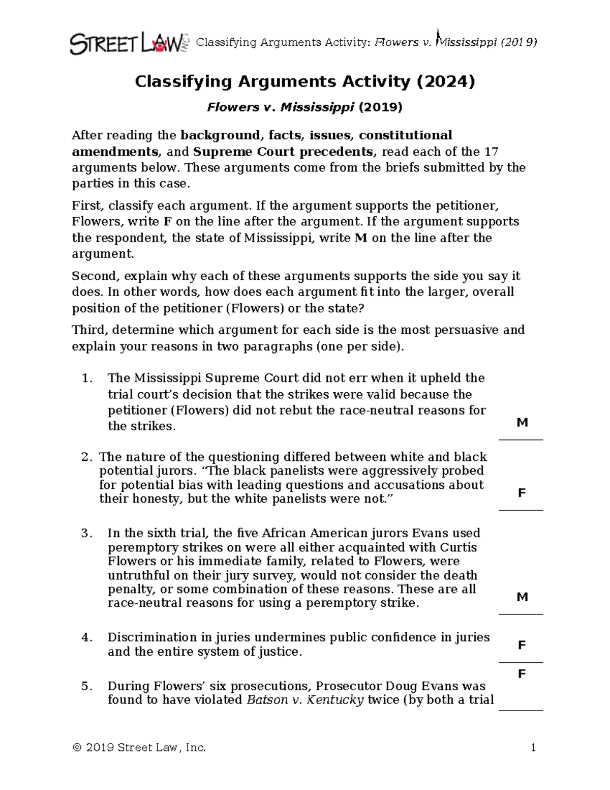 2024 classifying arguments flowers v. mississippi(1) - Classifying Arguments Activity: Flowers v ...