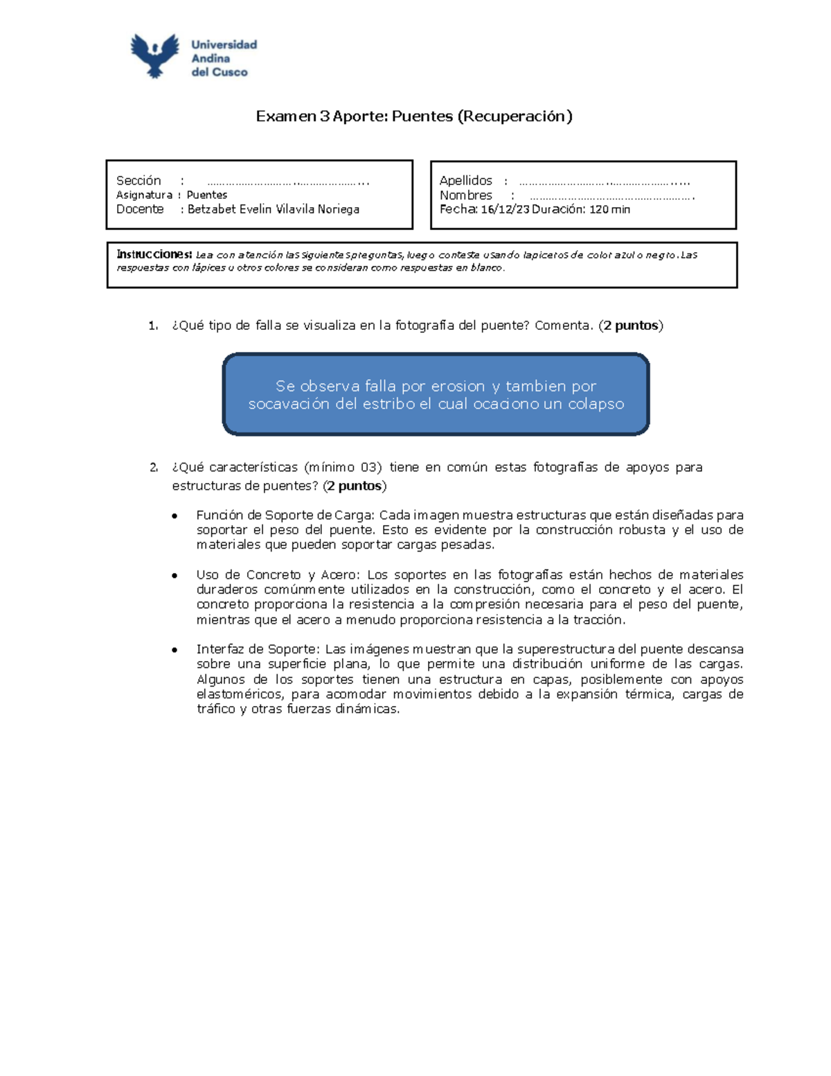 Examen Recuperacion Puentes Winnie - Examen 3 Aporte: Puentes ...