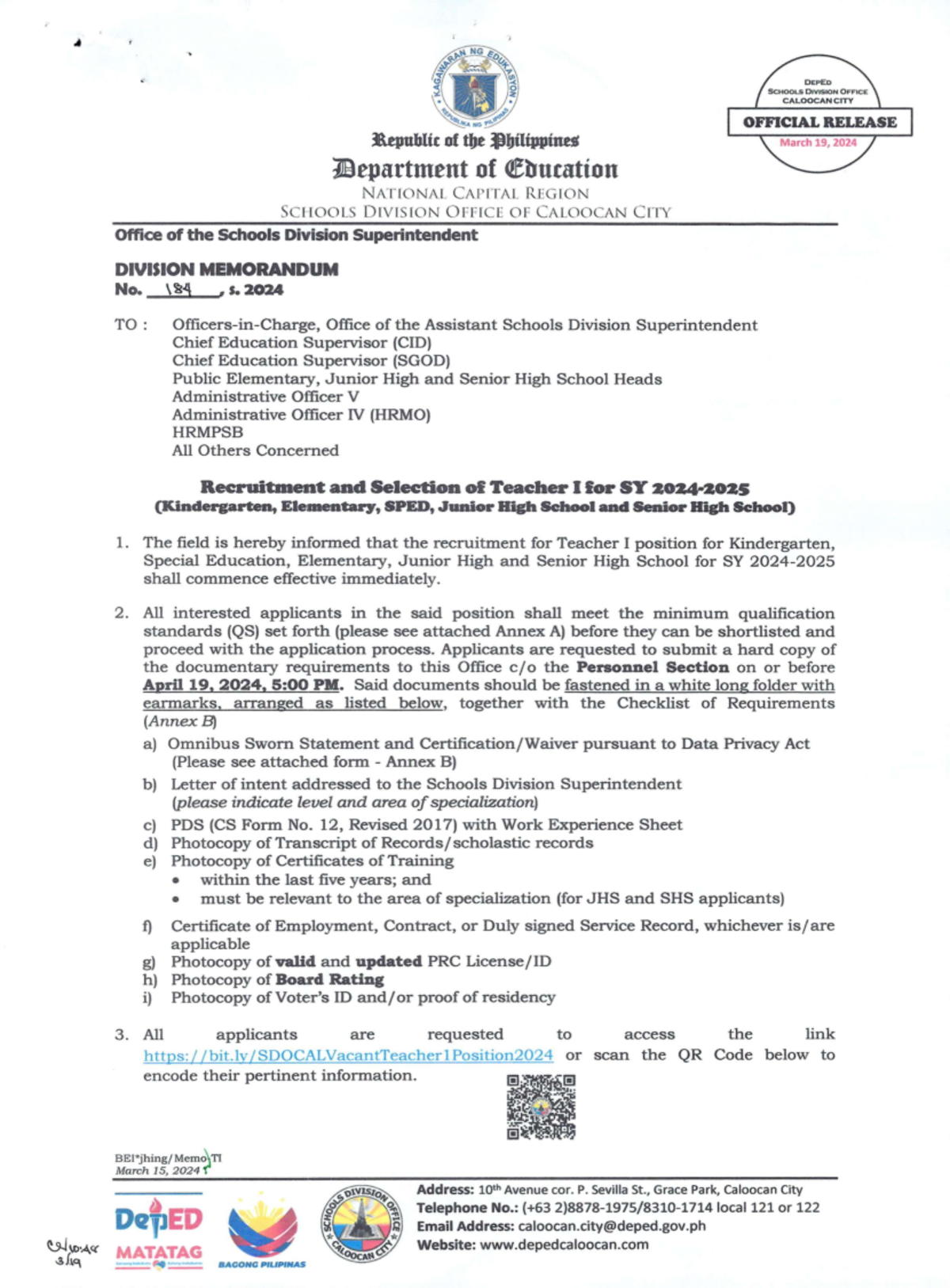 DM No. 184, s. 2024 - Recruitment and Selection of Teacher I for SY ...