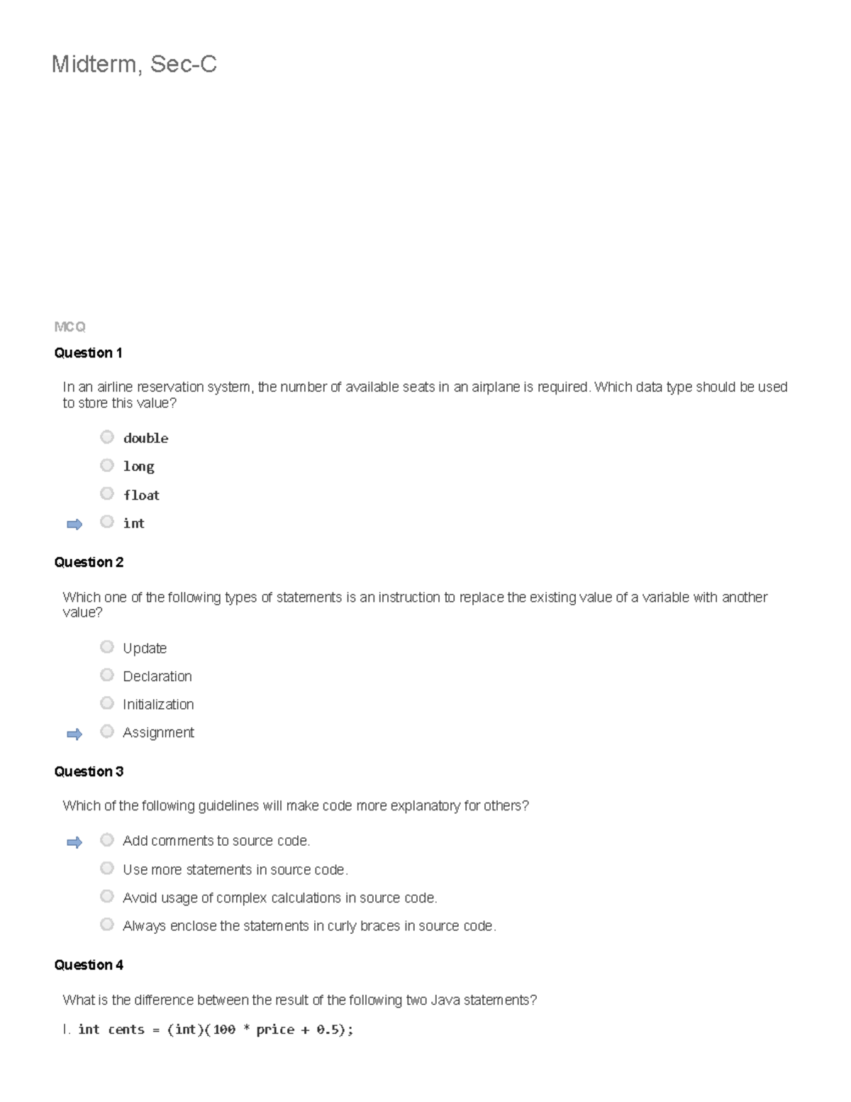 Midterm C - Solution - Midterm, Sec-C MCQ Question 1 In an airline ...