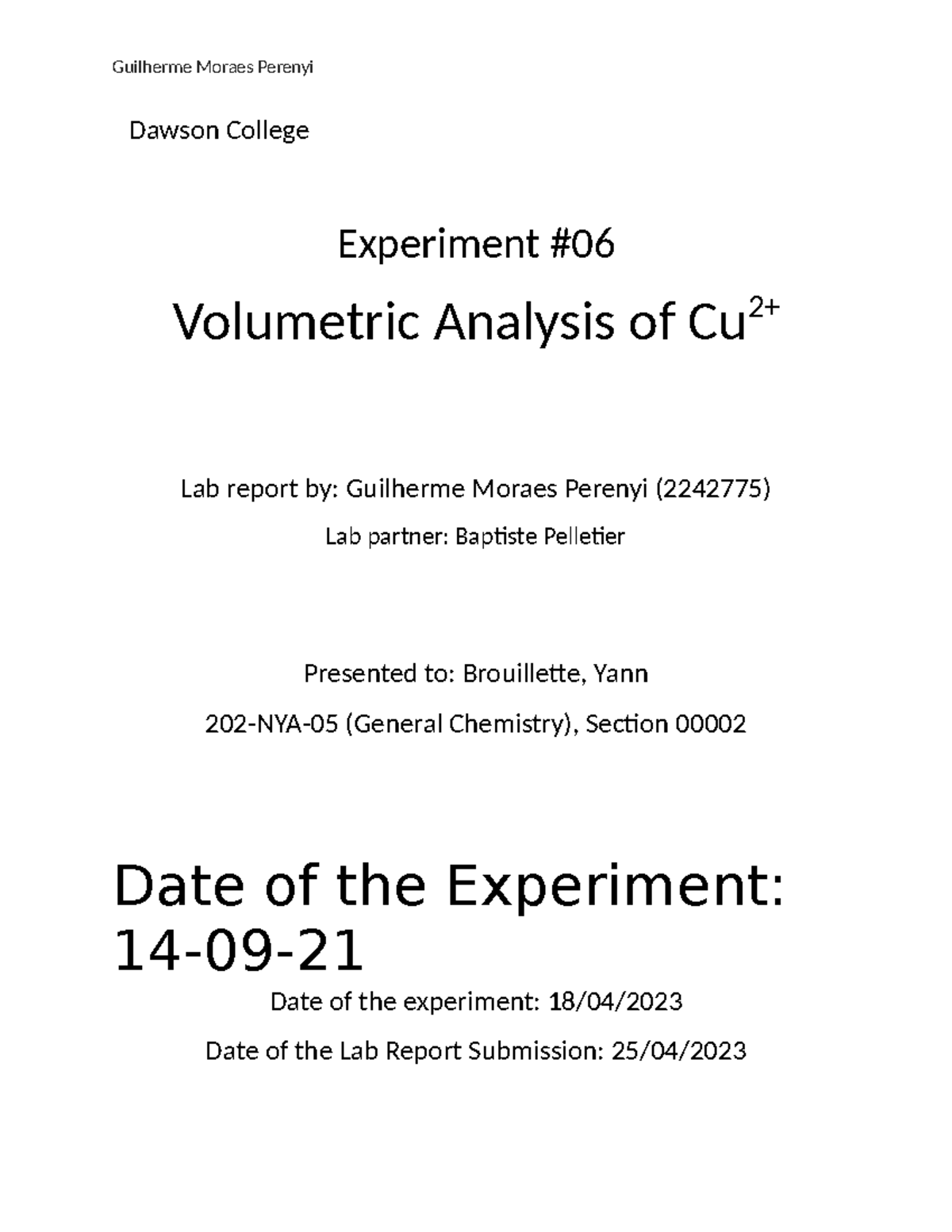 Full Lab Report - Dawson College Experiment Volumetric Analysis of Cu 2 ...