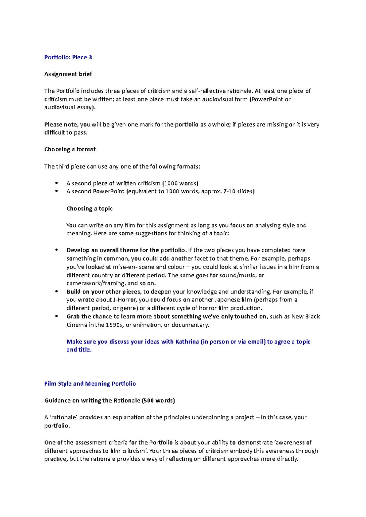 Portfolio - lecture note - Portfolio: Piece 3 Assignment brief The ...