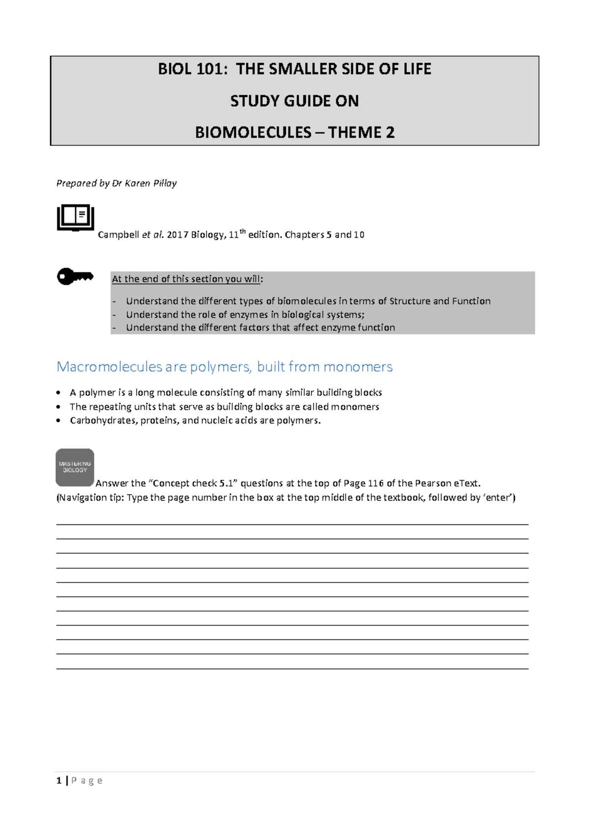 BIOL101-study guide-Biomolecules-Theme 2 - BIOL 101: THE SMALLER SIDE ...