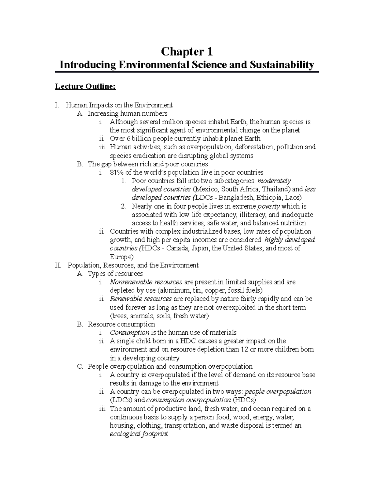 Chapter 1outline for APES - Chapter 1 Introducing Environmental Science ...