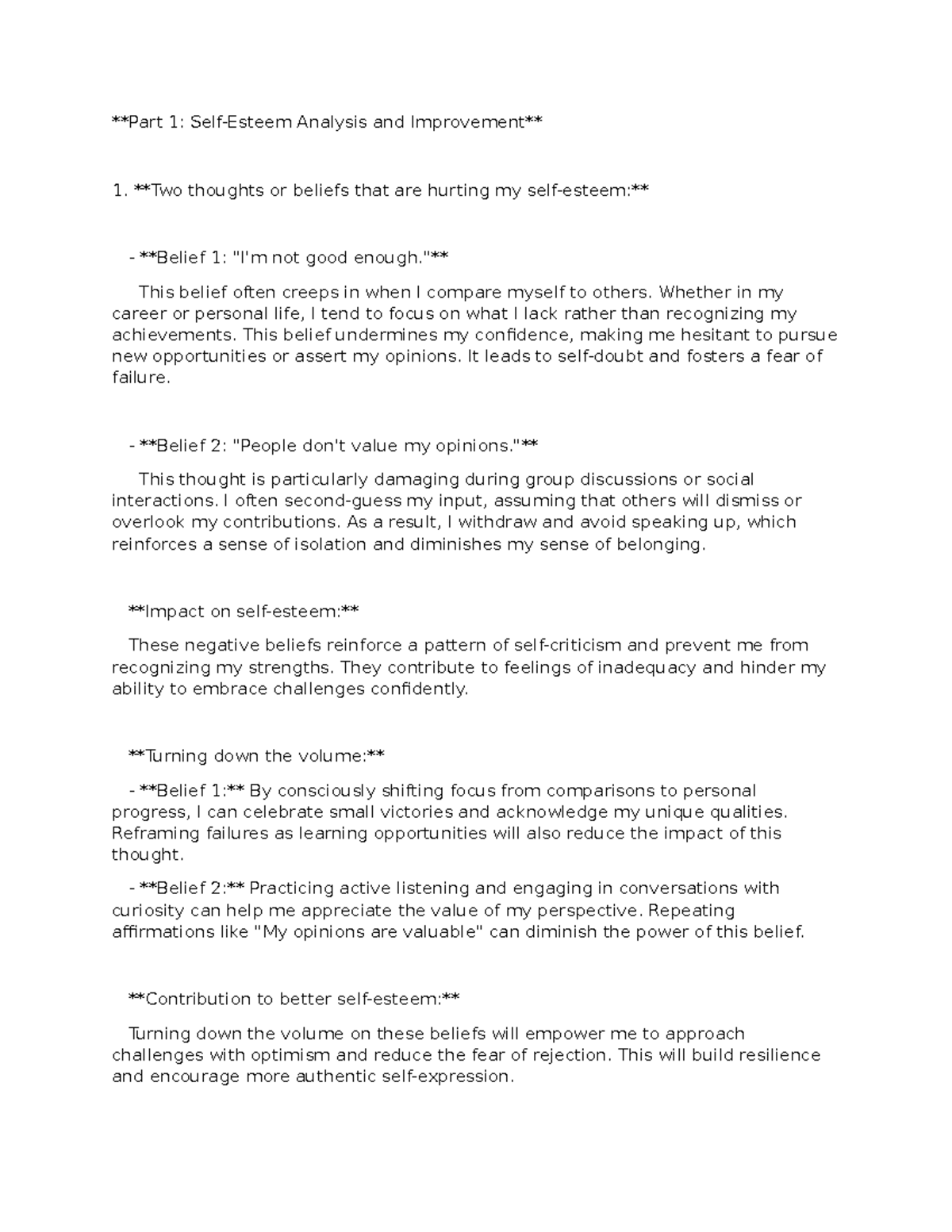 Self esteem AS 14 - Self Care Essay - Part 1: Self-Esteem Analysis and ...