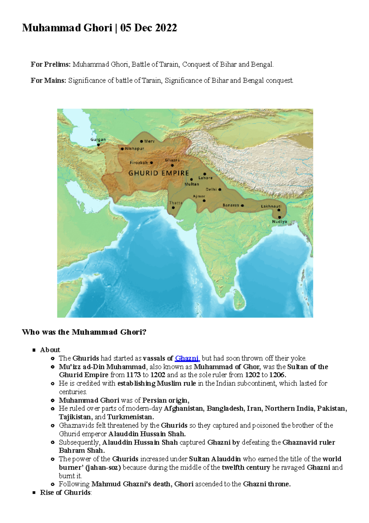 Mommad ghori - Muhammad Ghori | 05 Dec 2022 For Prelims: Muhammad Ghori ...