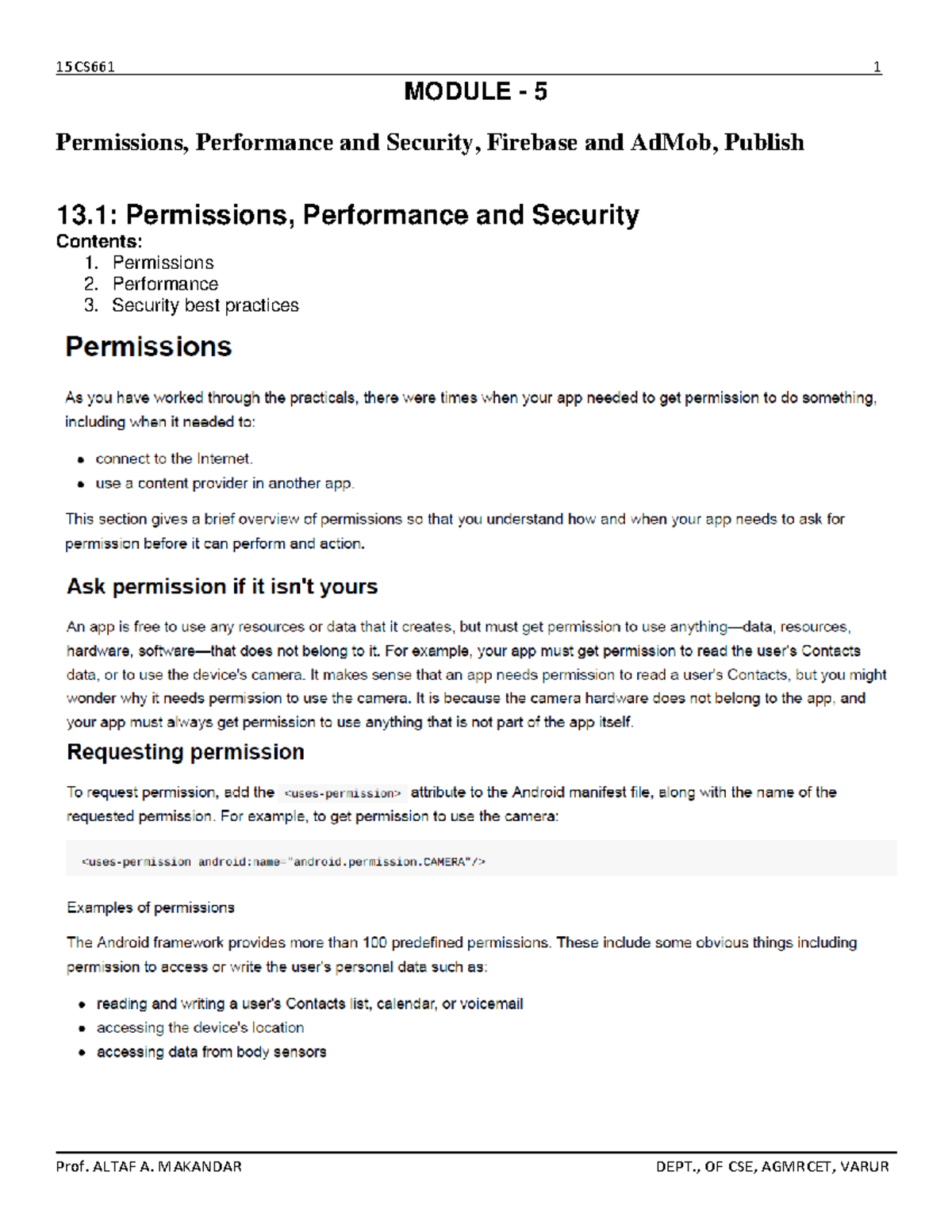 Module 5 Its Lecture Notes Module 5 Permissions Performance And Security Firebase And