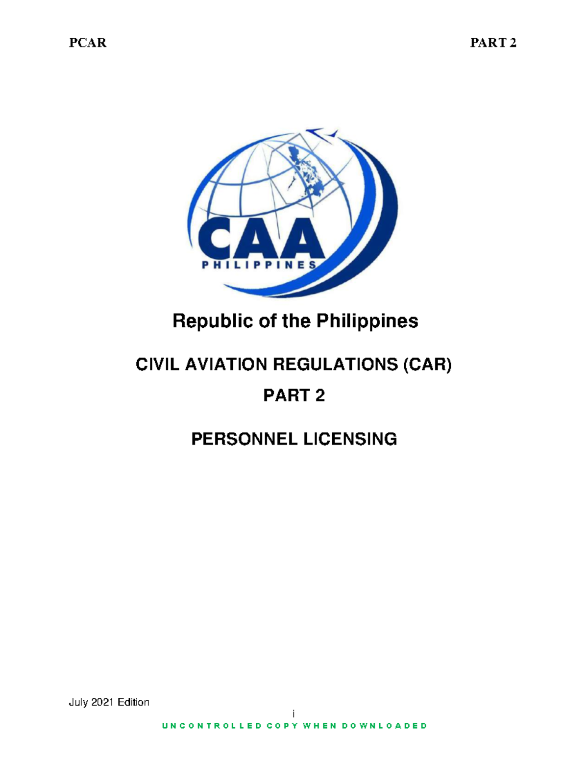PART 2 Personnel Licensing - July 2021 Edition i Republic of the ...