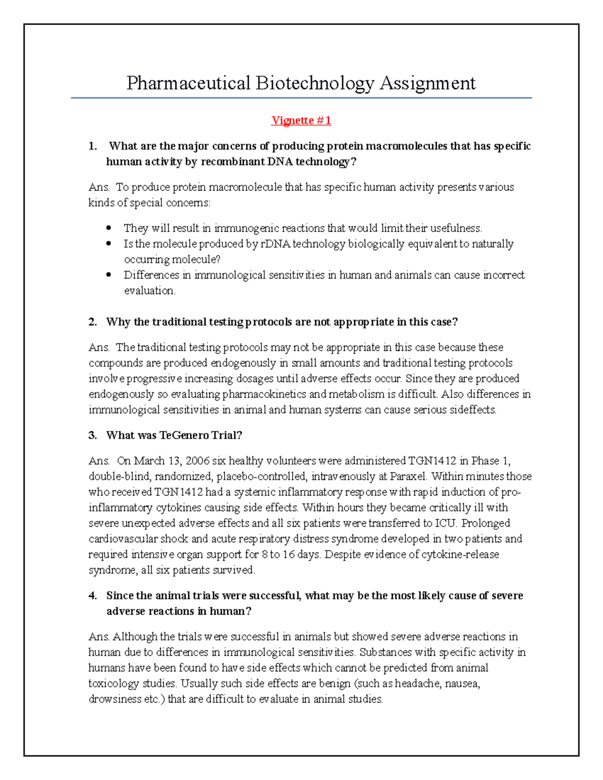 Pharmaceutical Biotechnology Assignment 1 - Pharmaceutical ...