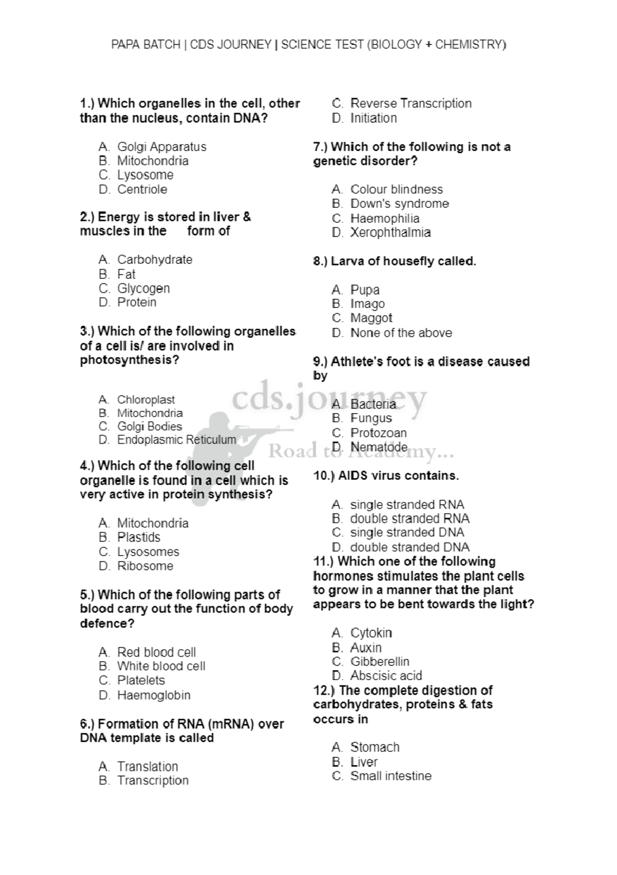 CDS Journey Science TEST Biology + Chemistry TEST NO 001 - PAPA BATCH ...