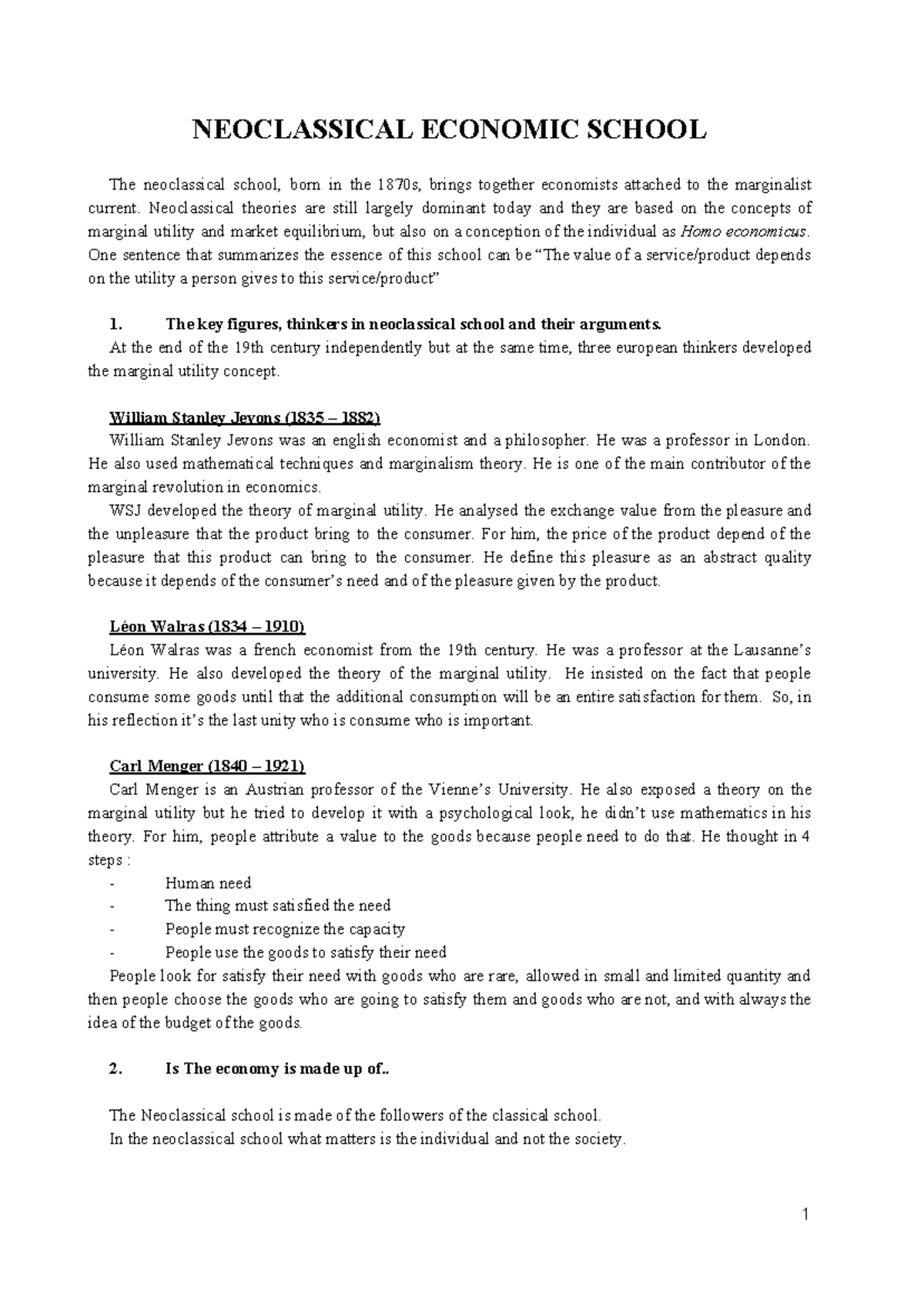 Neoclassical School - NEOCLASSICAL ECONOMIC SCHOOL The neoclassical ...