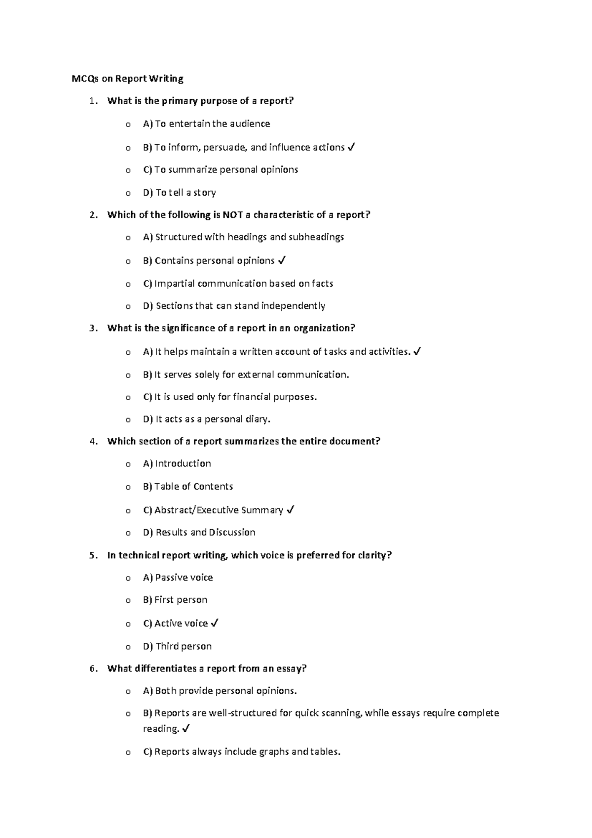 Mcqs - Mcqs for practice - MCQs on Report Writing 1. What is the ...