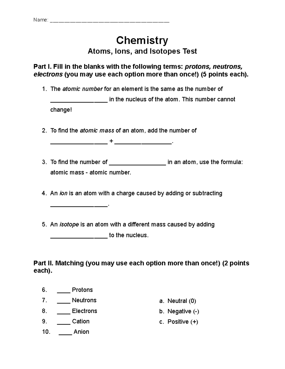 Test Atoms, Ions, and Isotopes - Chemistry Atoms, Ions, and Isotopes ...