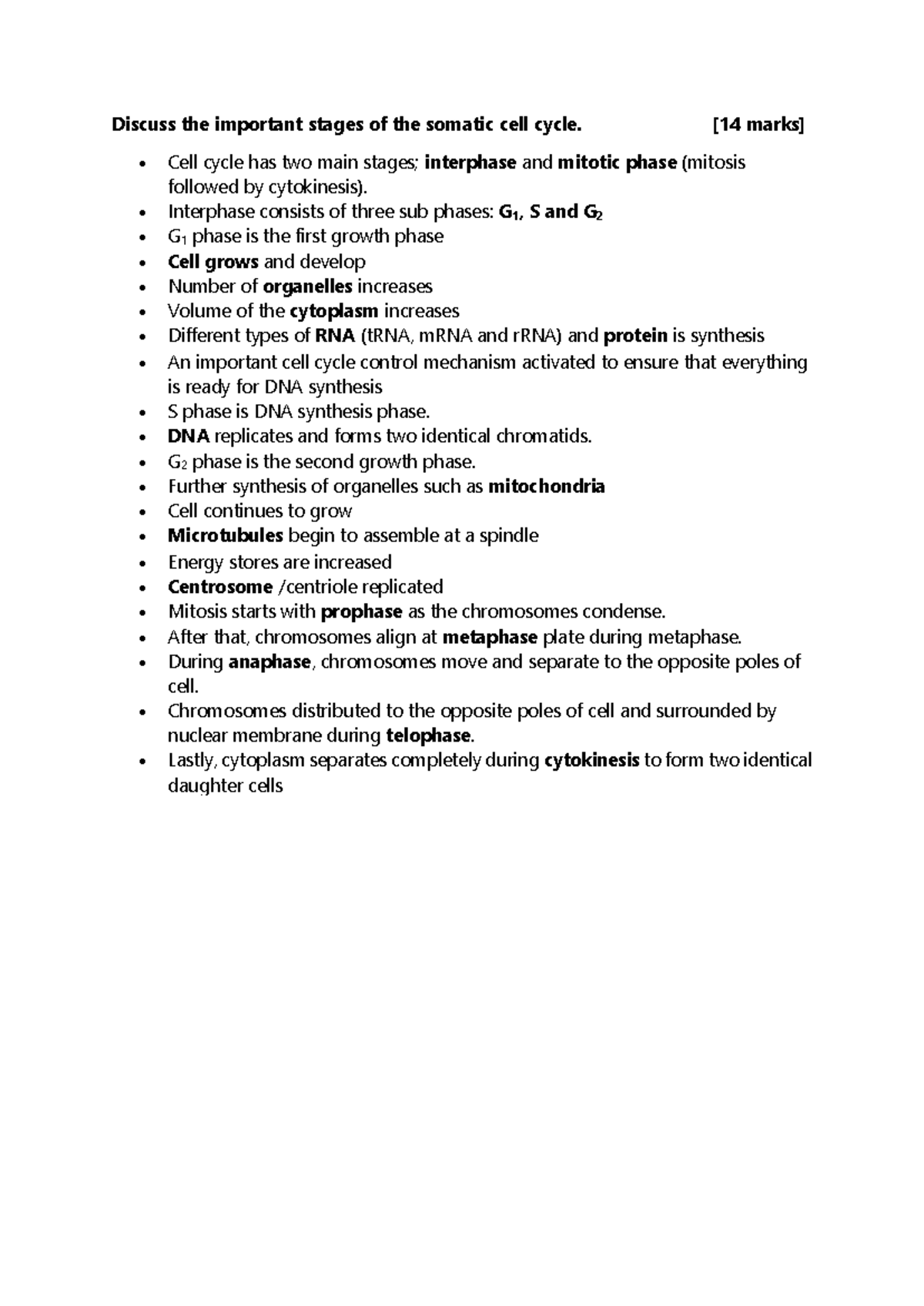 Essay PKA Cell Division - Discuss the important stages of the somatic ...