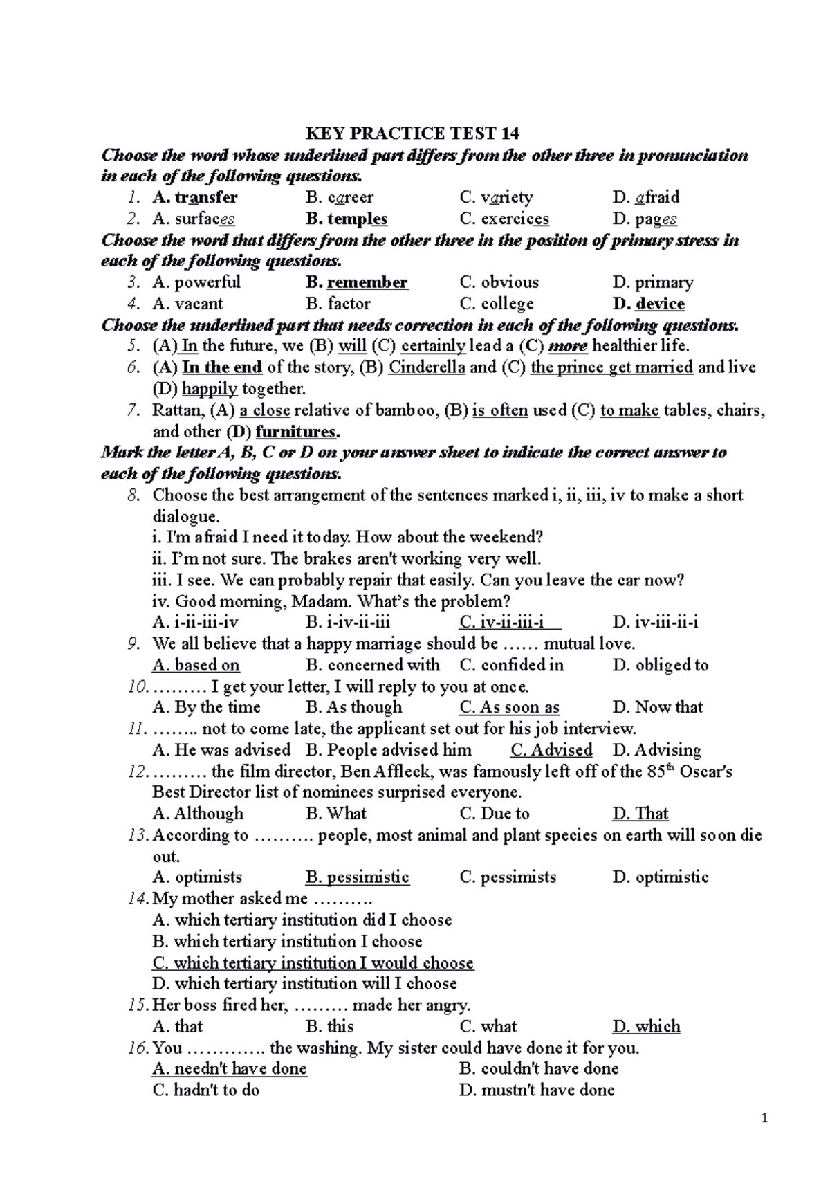 Anh14 - Linh tinh - KEY PRACTICE TEST 14 Choose the word whose ...