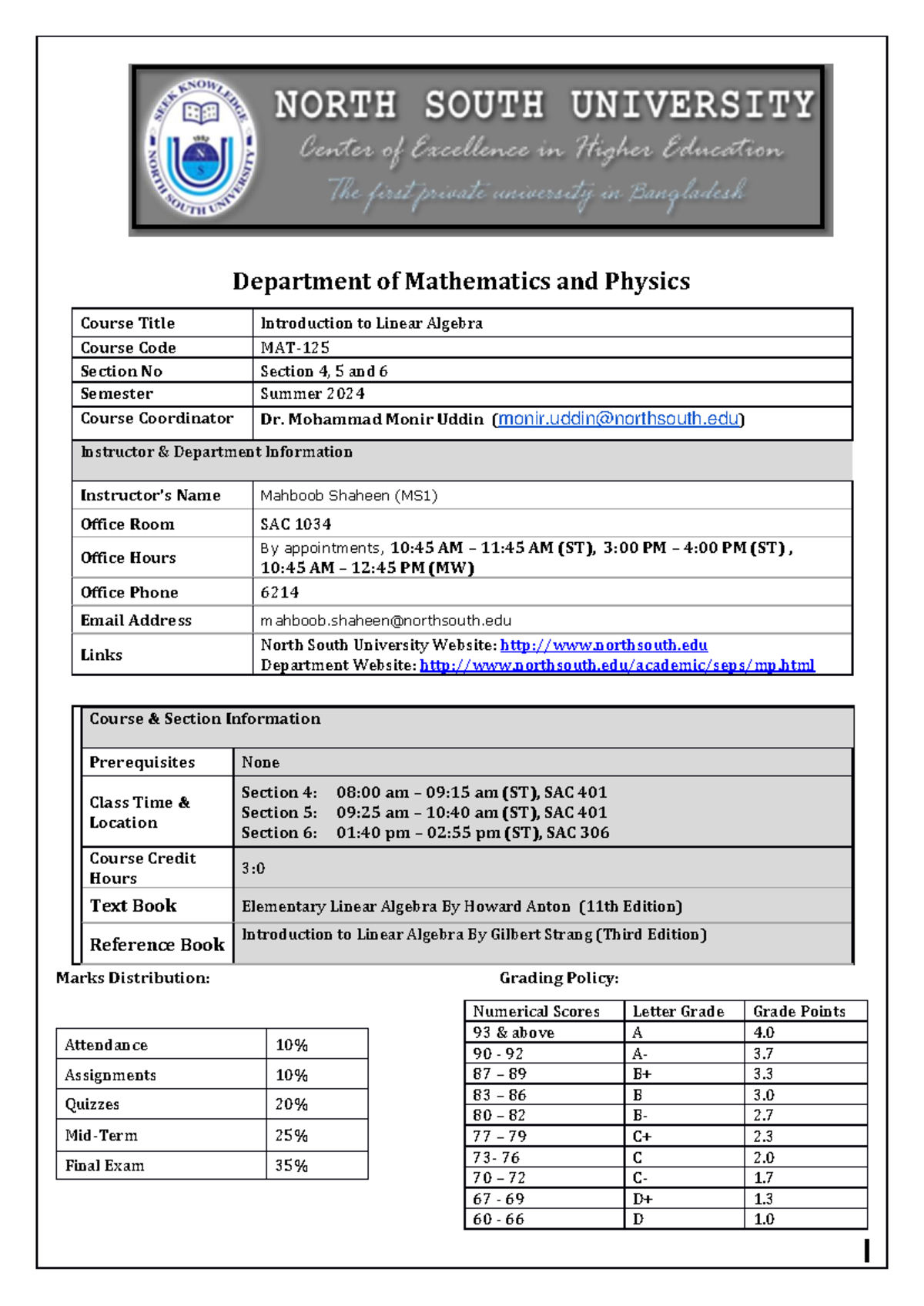 MAT 125 - Linear Algebra - Department of Mathematics and Physics Course ...
