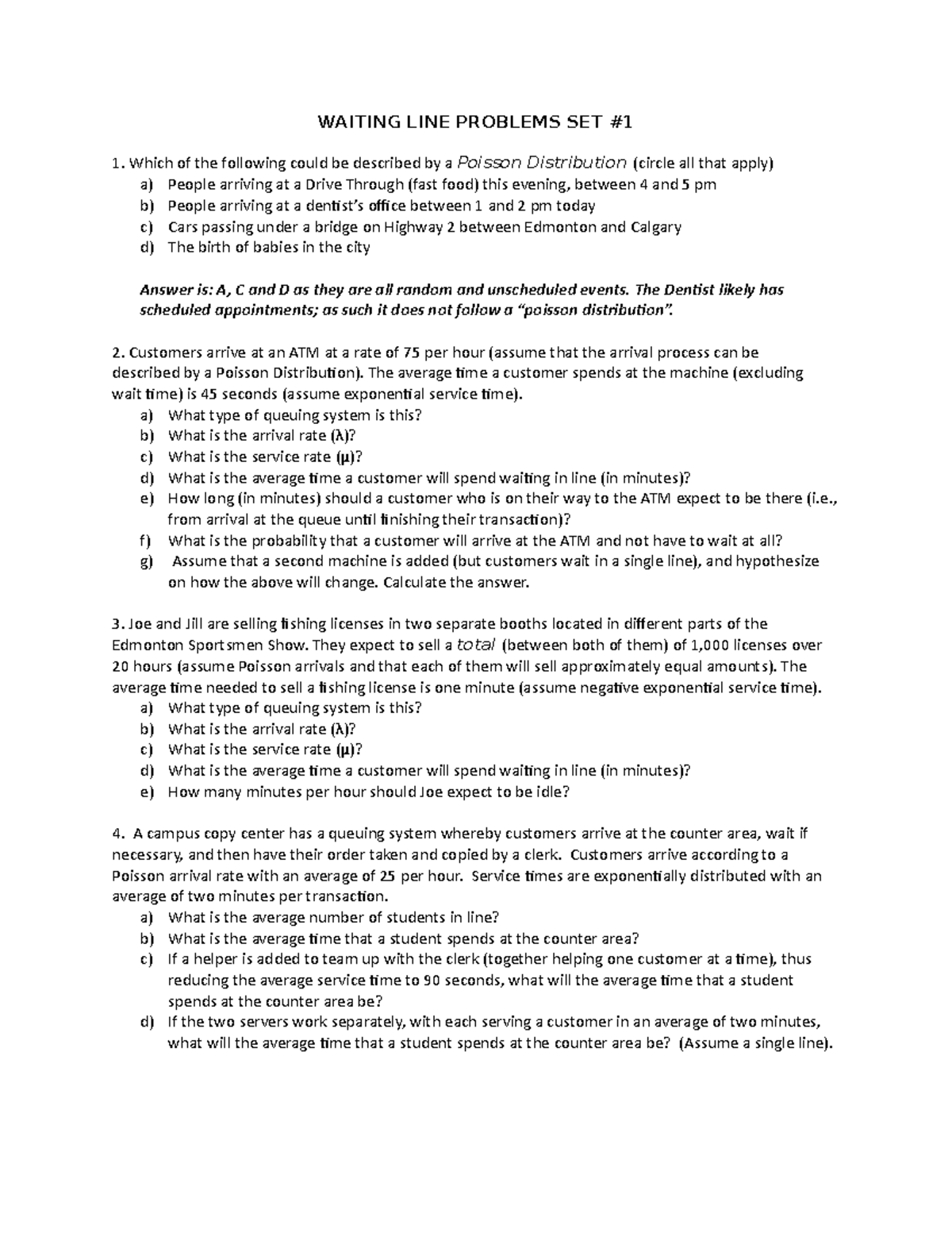 Waiting LINE Problems # 1 Fall 2020 - WAITING LINE PROBLEMS SET 1 ...