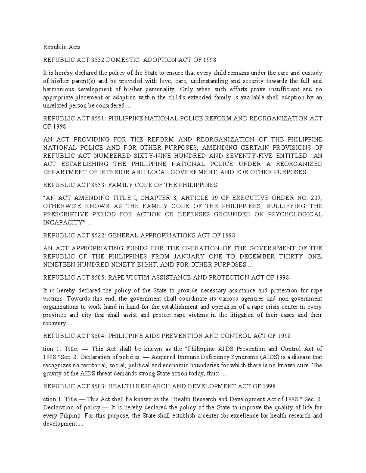 Republic ACTS - Republic Acts REPUBLIC ACT 8552 DOMESTIC: ADOPTION ACT ...