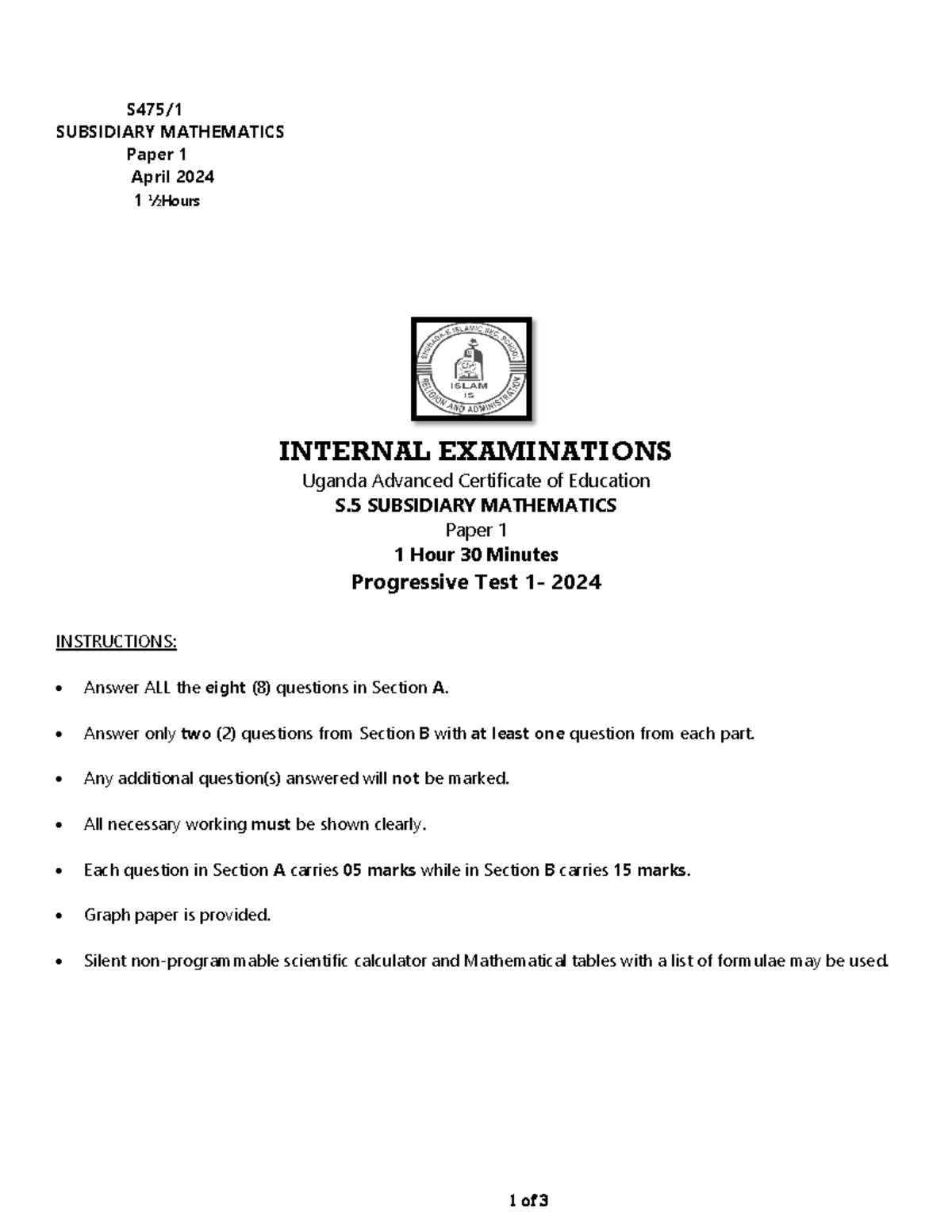 S.5 Sub-Mathematics Test1 -2024 - 1 of 3 S475/ SUBSIDIARY MATHEMATICS ...