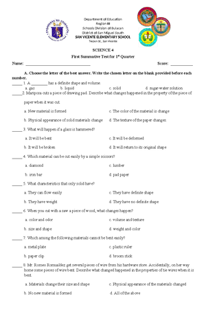 Q1 2nd sum. in Sci. 4 - Quarter 1 Summative in Science 4 - Department ...