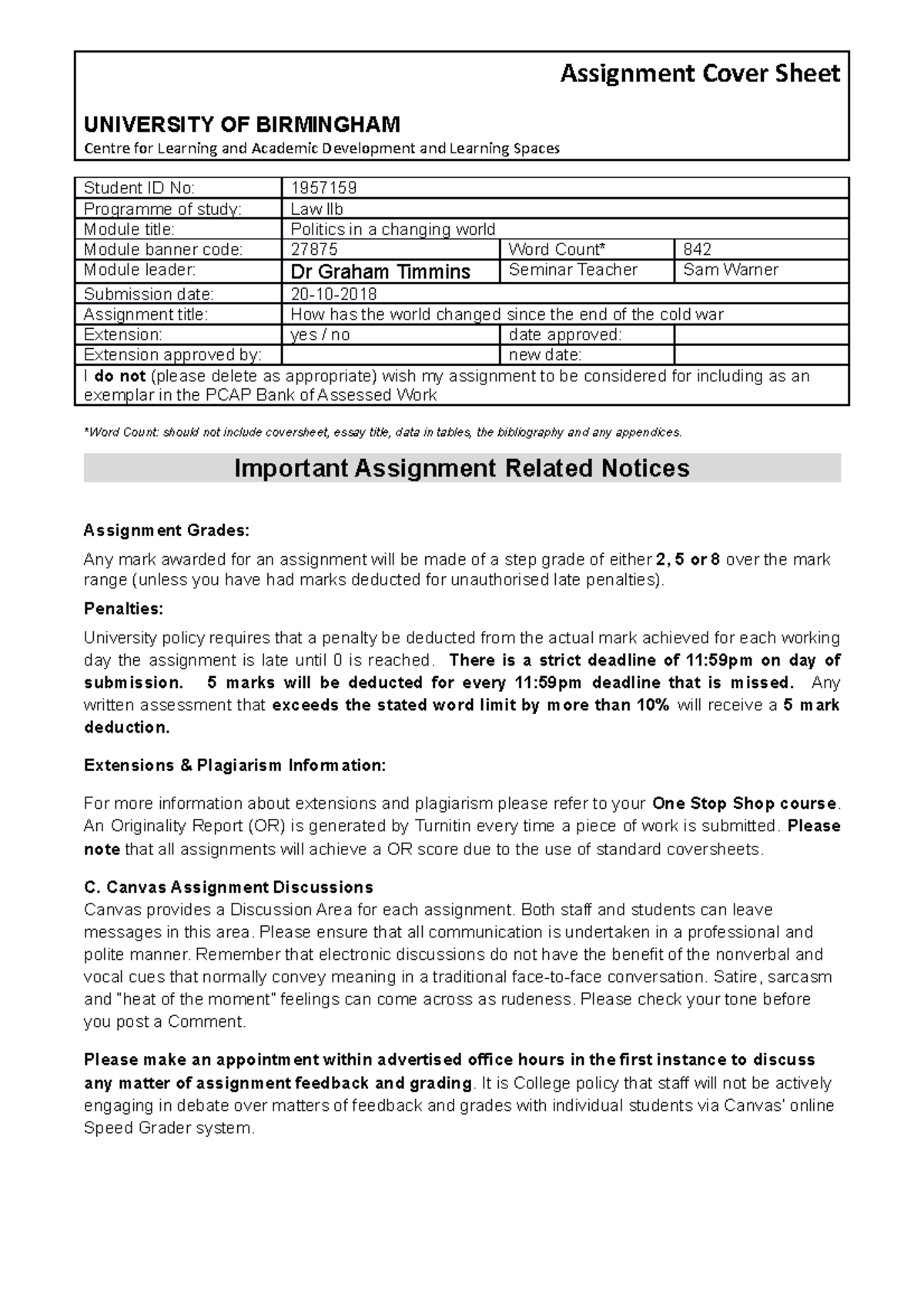 Politics in a changing world - Assignment Cover Sheet UNIVERSITY OF ...