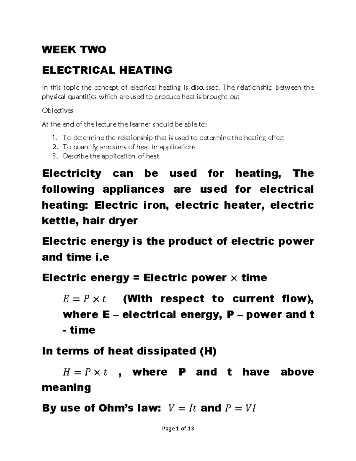 Electrical heating - The relationship between the physical quantities ...