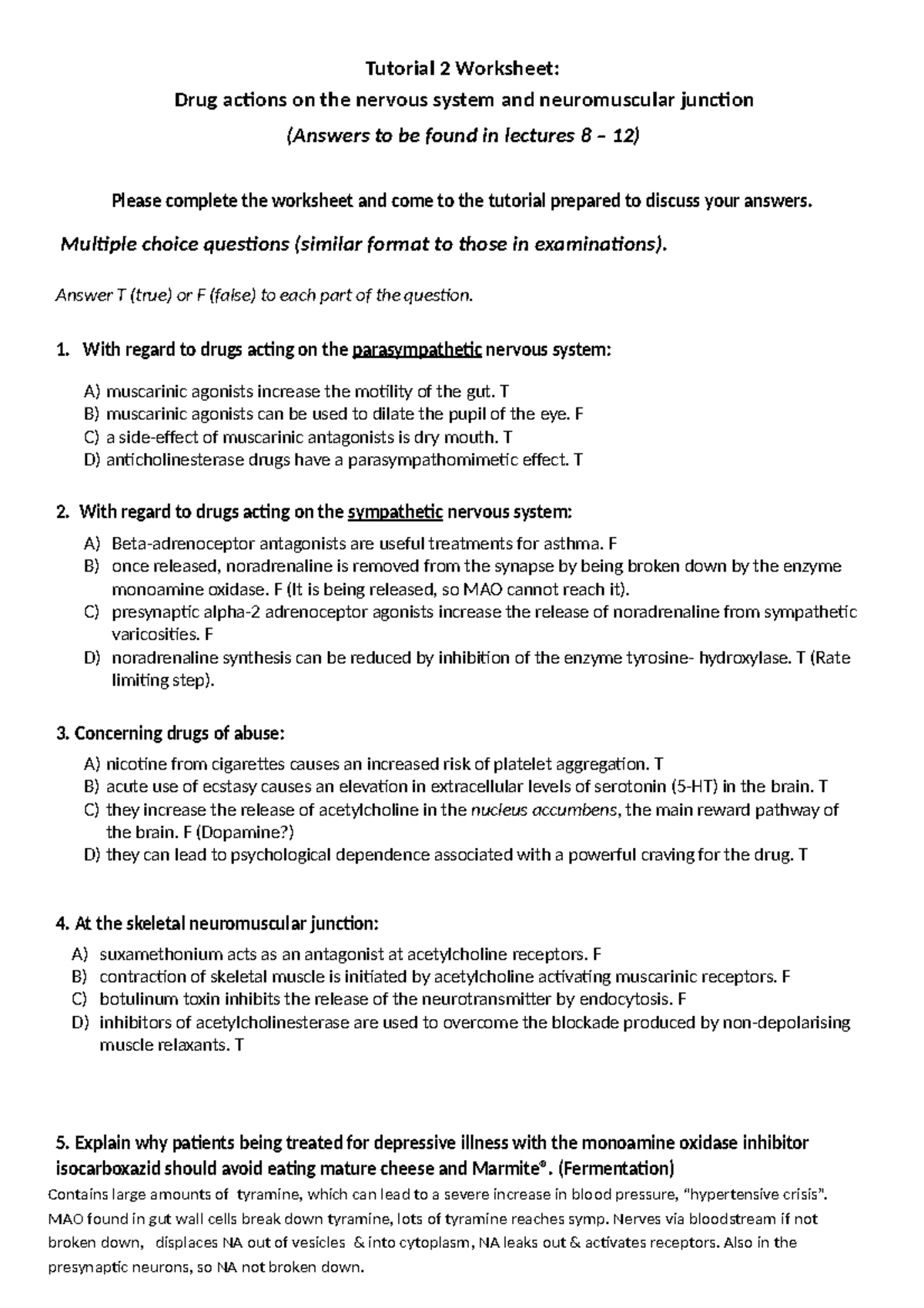 Pharmacology Tutorial 2 past - Tutorial 2 Worksheet: Drug actions on ...