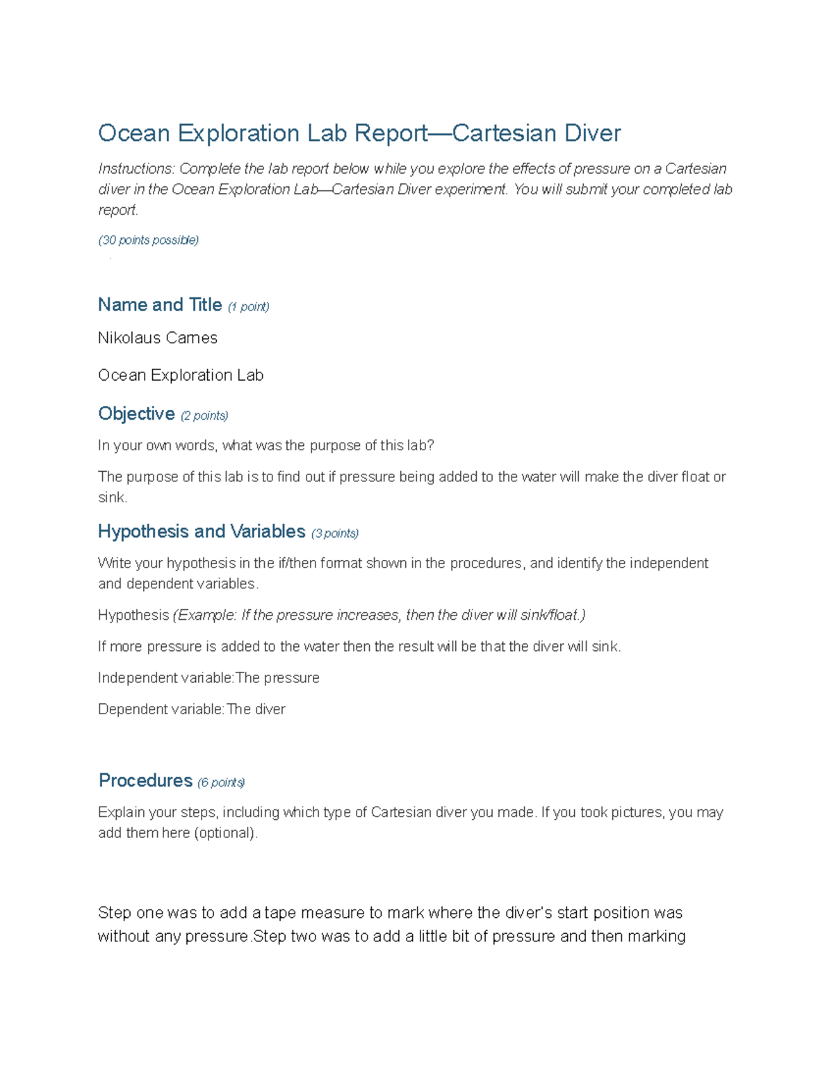 Ocean Exploration Lab Report —Cartesian Diver - Ocean Exploration Lab ...