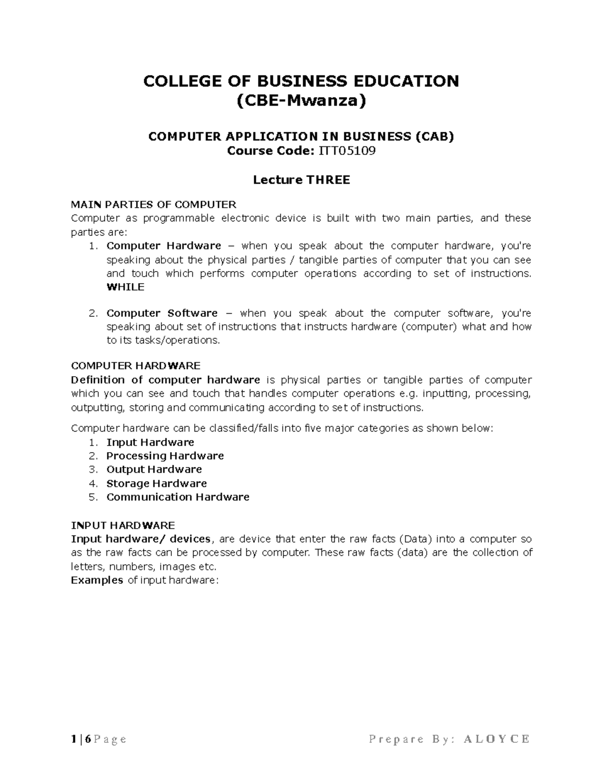 Lecture 3 - USE FOR REVIEW - COLLEGE OF BUSINESS EDUCATION (CBE-Mwanza ...