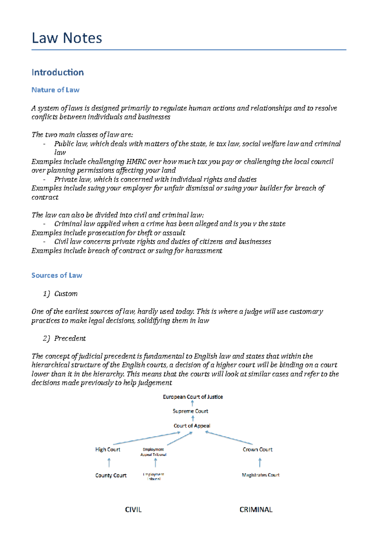 Law Notes - Law Notes Introduction Nature of Law A system of laws is ...