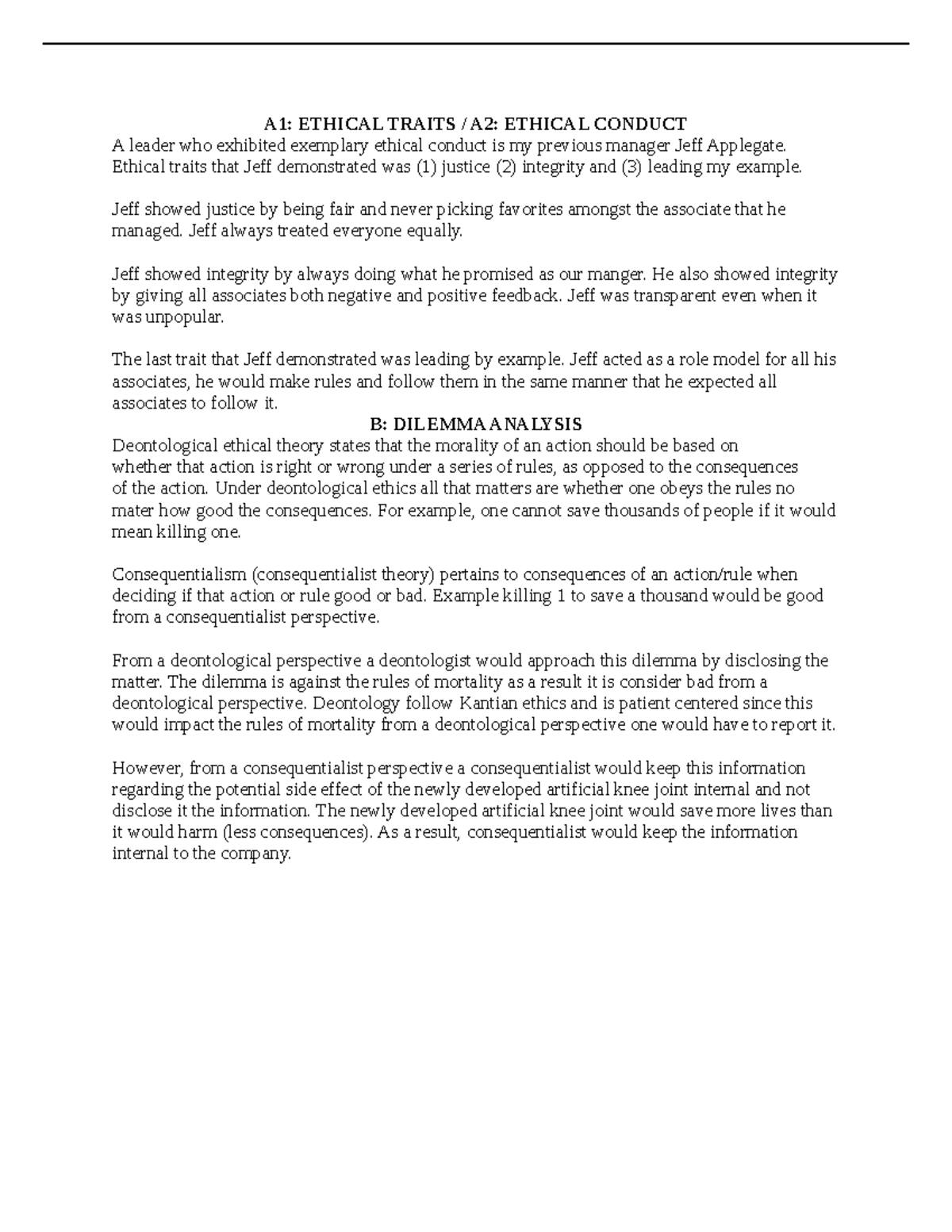 C206 Task 1 Vk Docx - C206 Task 1 Vk Docx - A1: ETHICAL TRAITS / A2 ...