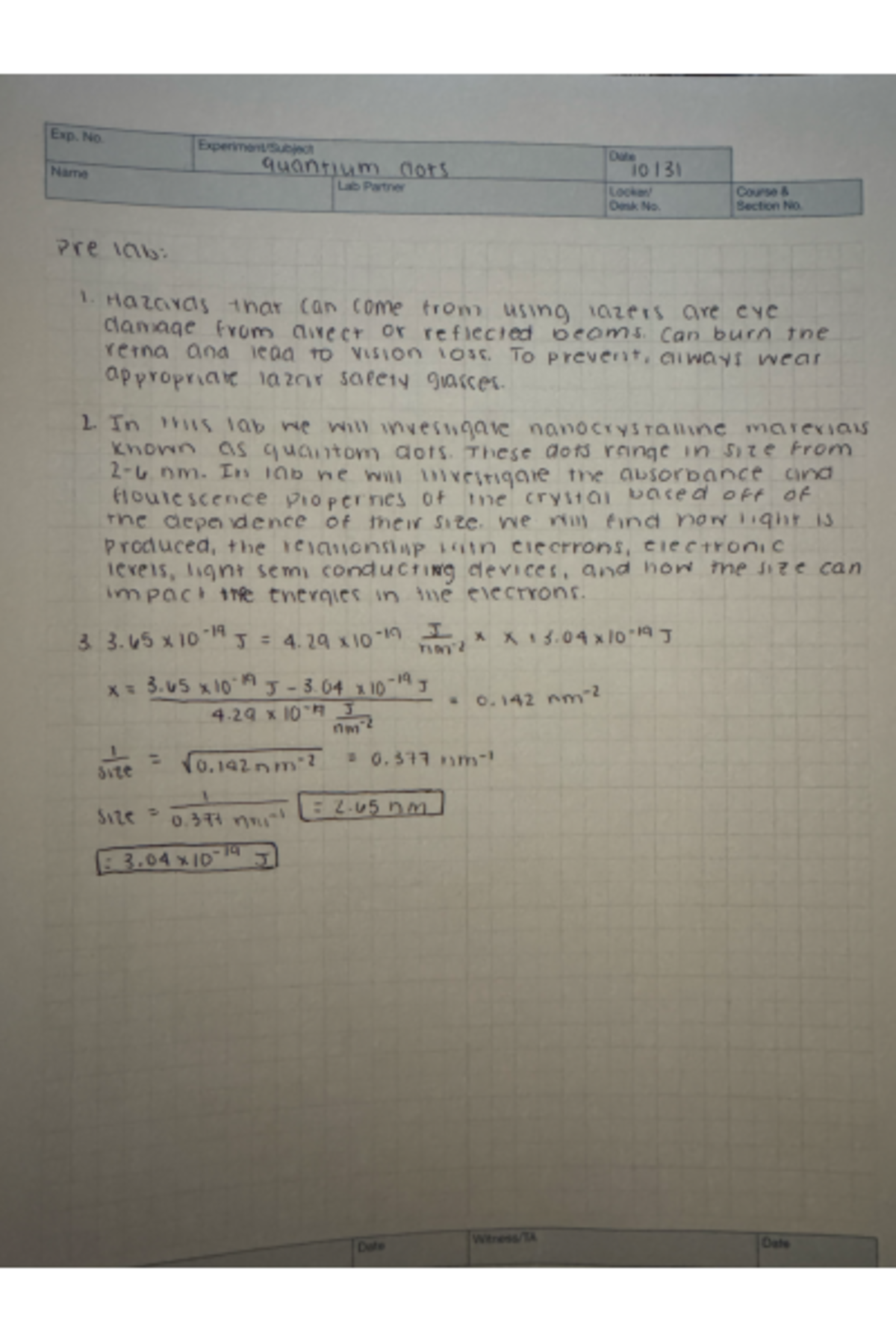 Lab 4 Pre Laboratory - Exp. No. Date Name quantium dots 10131 Lab Partner Course Desk No ...