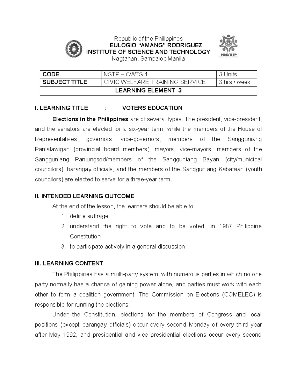 NSTP 1 Module 3 - lecture - Republic of the Philippines EULOGIO “AMANG ...